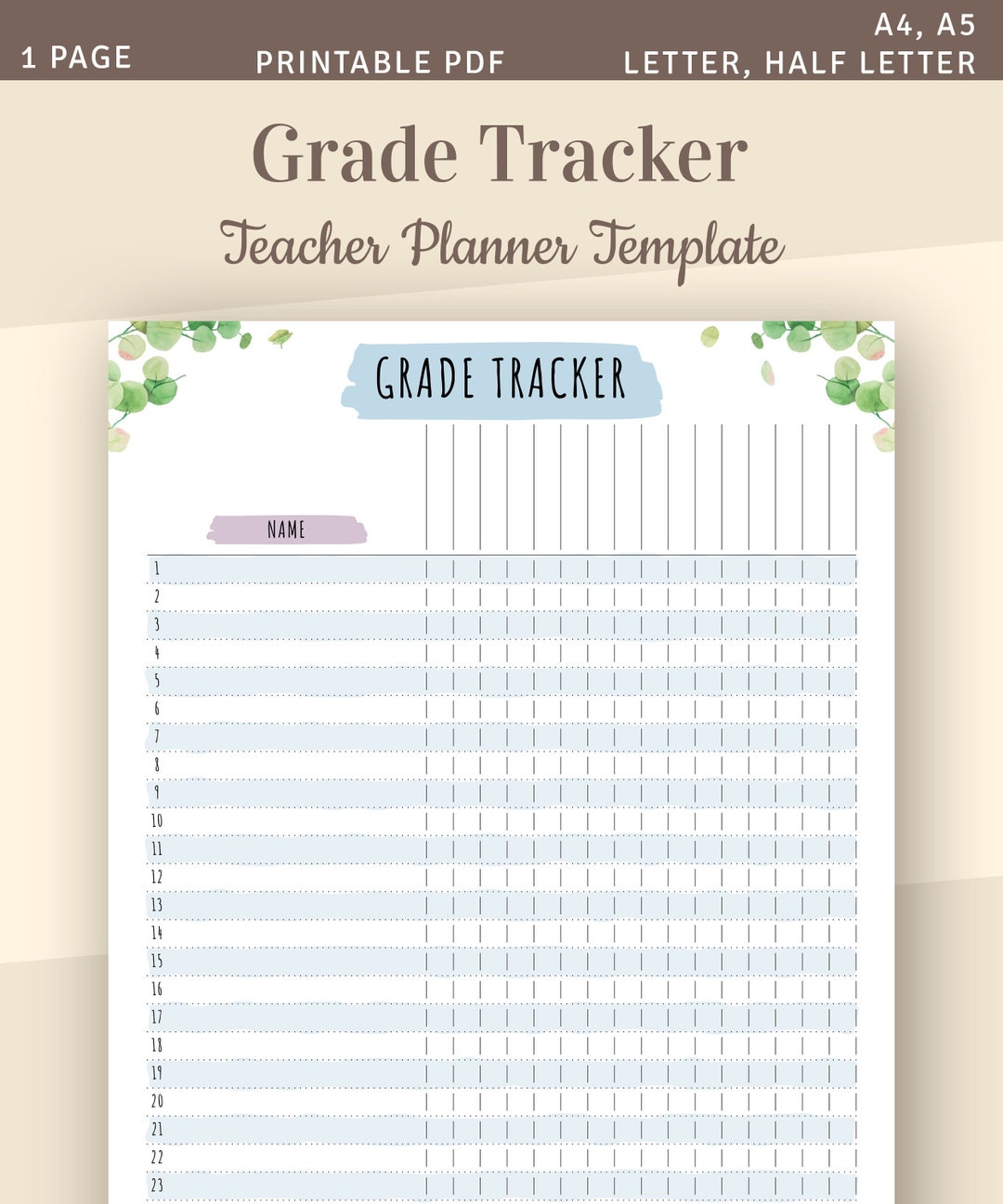 Printable Grade Tracker Template, Teacher Grade Log Sheet, Class ...