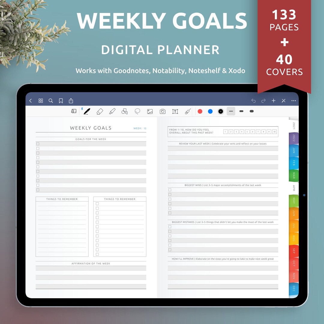 Weekly Goal Planner Digital for iPad or Android Tablet, Goodnotes ...