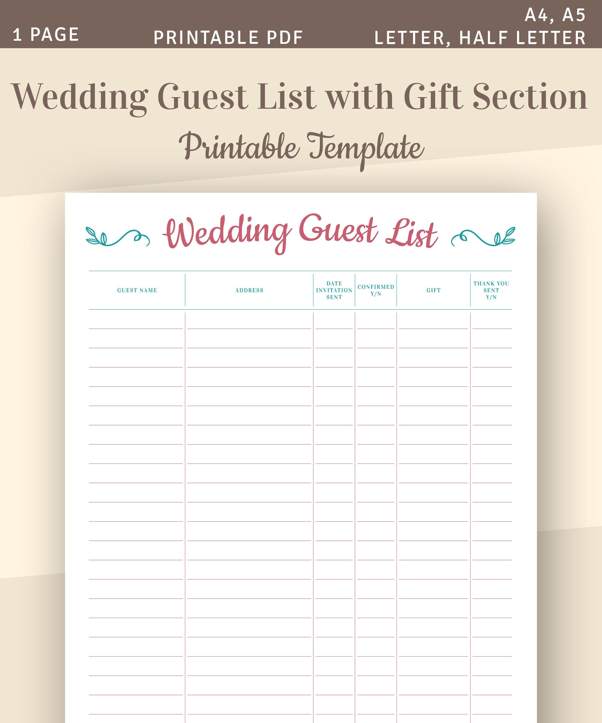 Wedding Guest List Printable Wedding Template Guest List Etsy