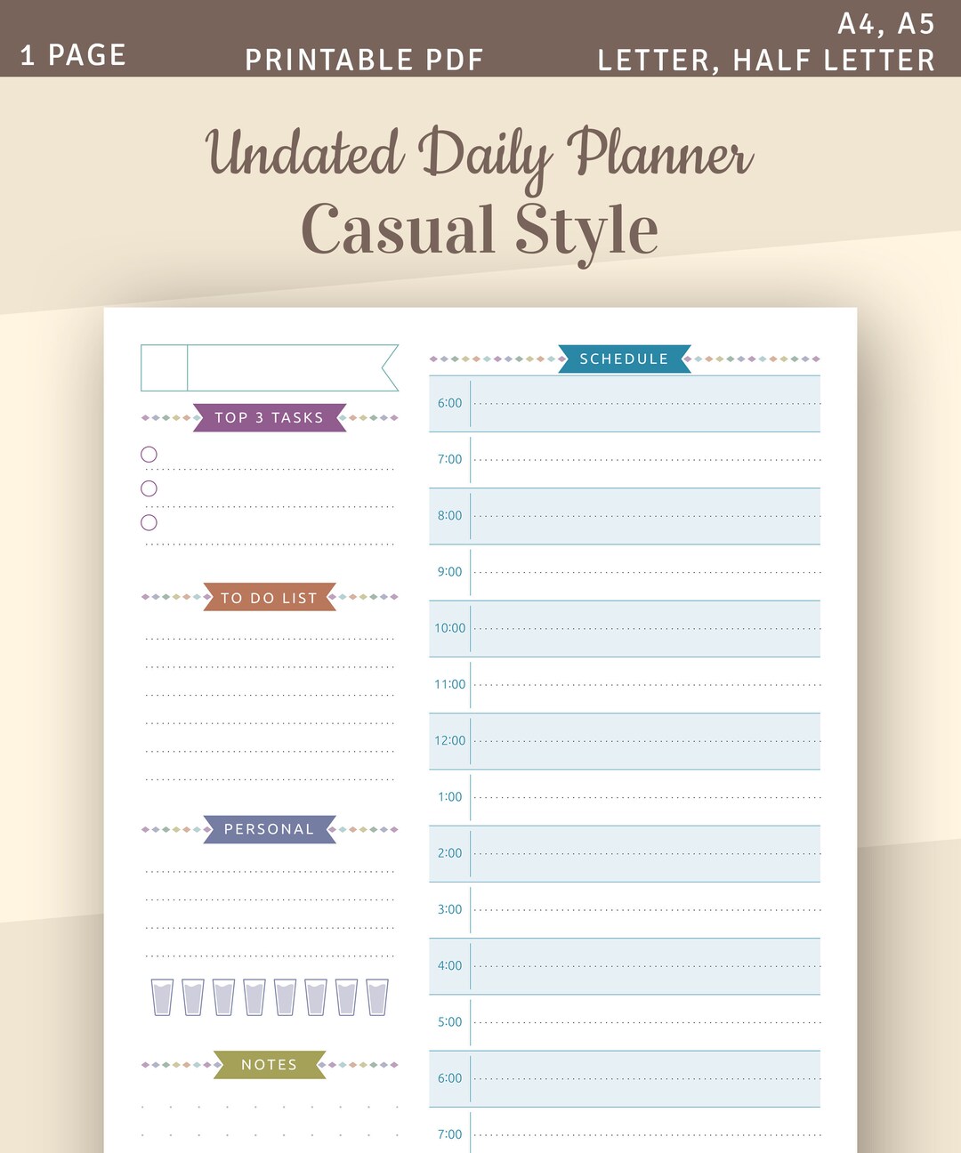 Daily Planner Printable Template, Casual Undated Daily Schedule Pages ...