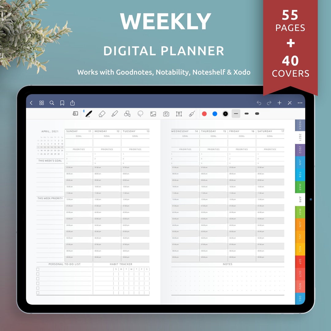 Digital Weekly Agenda for Goodnotes / Notability, iPad / Android Hourly ...