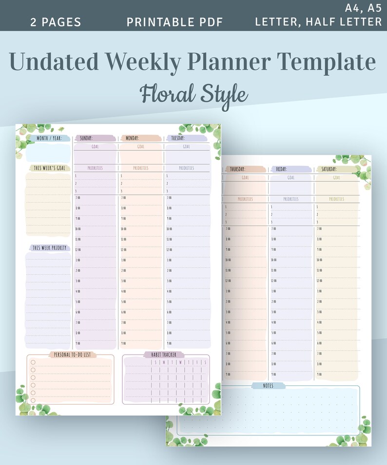 Floral Undated Weekly Planner Template, Printable Agenda (digital ...