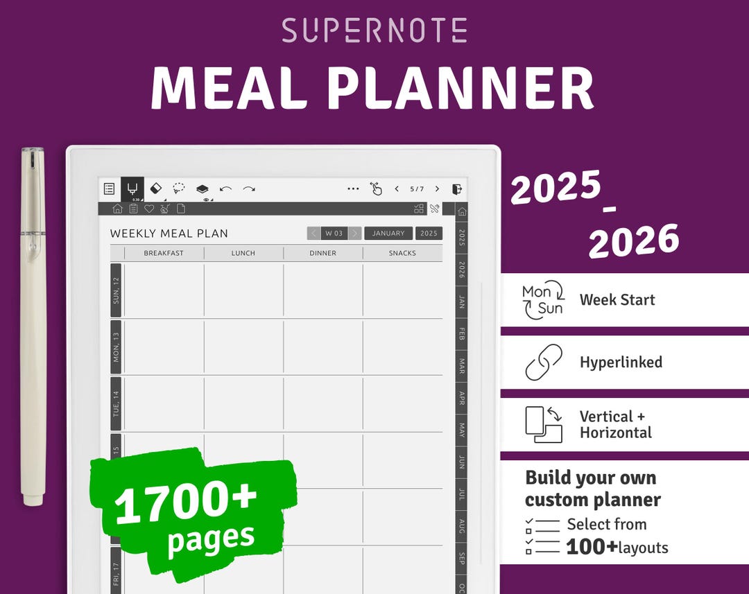 Supernote A5X A6X Meal Planner: Hyperlinked Weekly Plan (digital ...