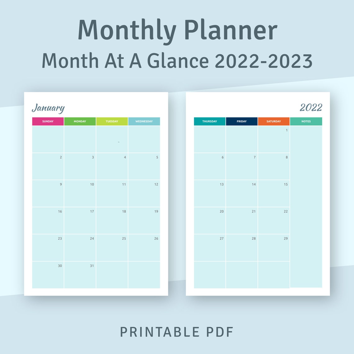 Monthly Planner Printable Month at a Glance 2022 Calendar - Etsy