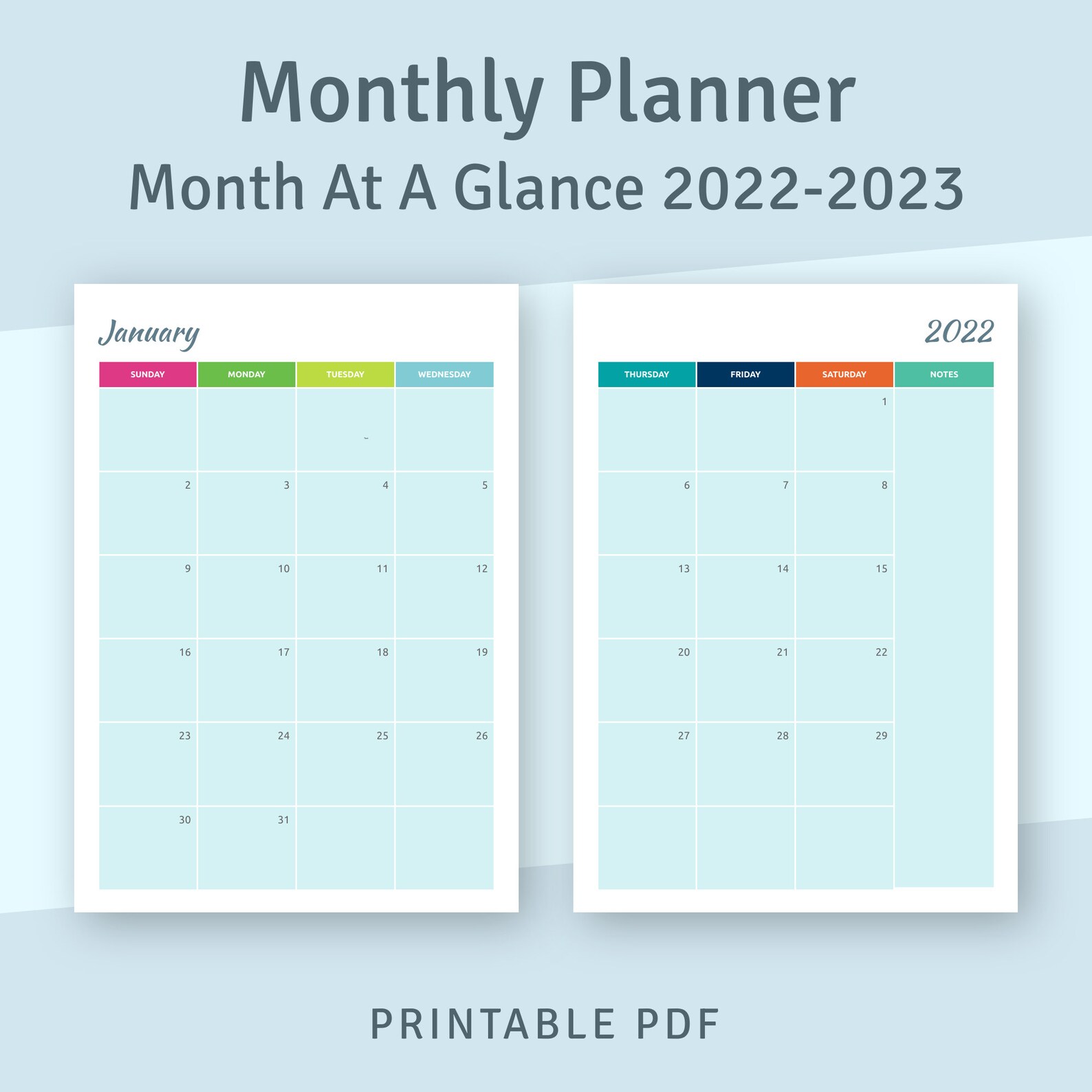 Monthly Planner Printable Month at a Glance 2022 Calendar - Etsy