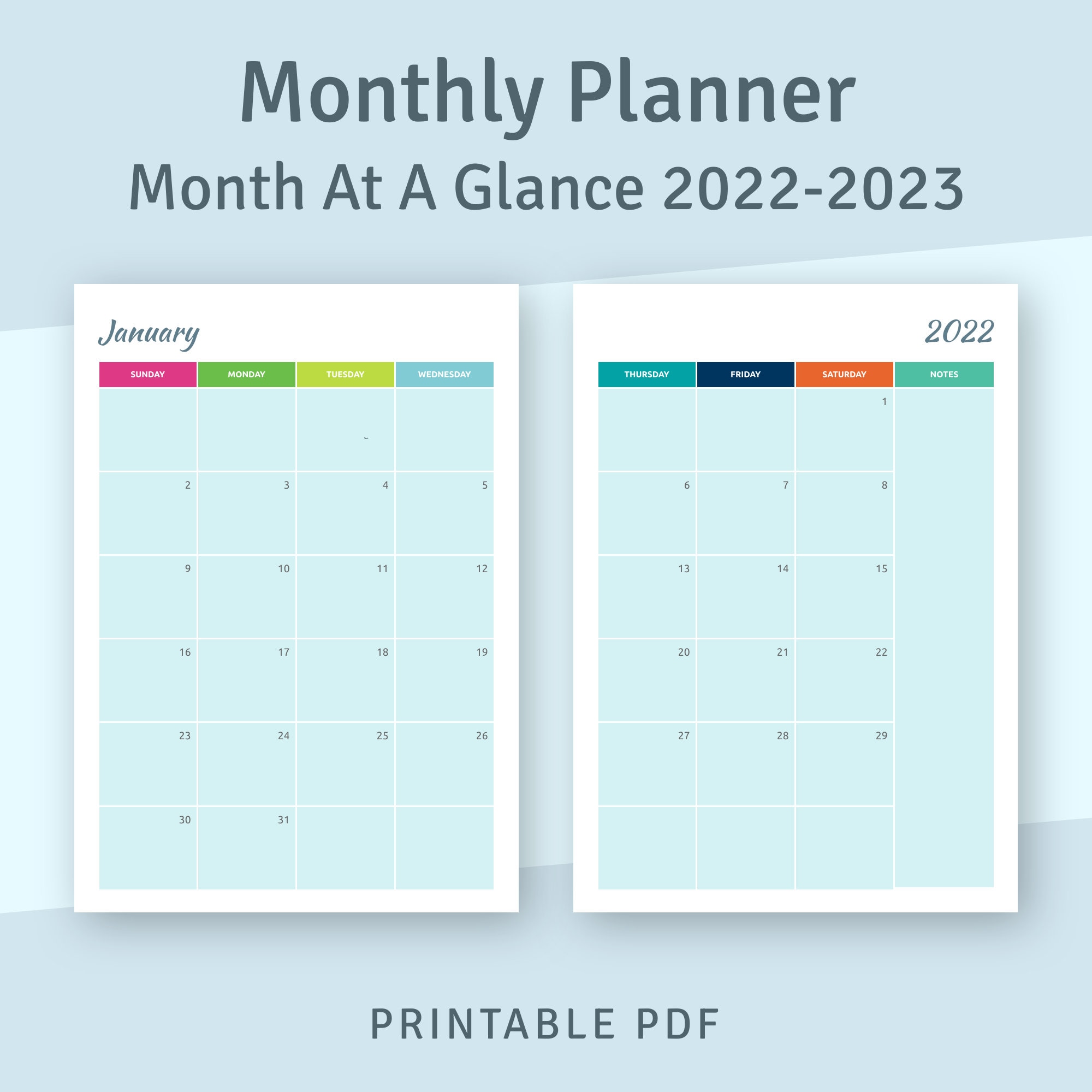 Monthly Planner Printable Month at a Glance 2022 Calendar - Etsy