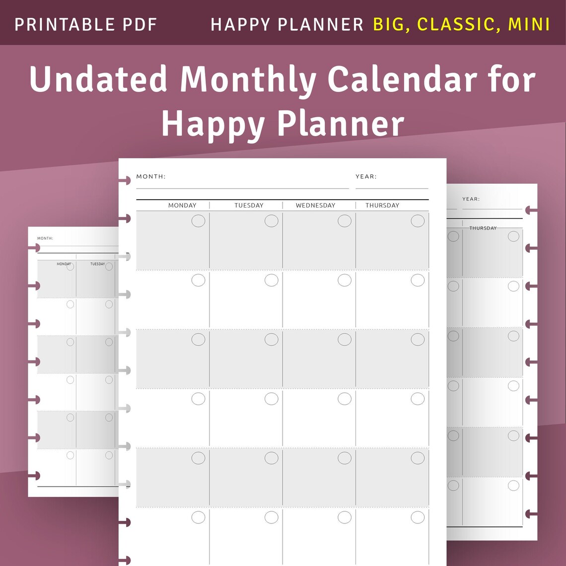 Happy Planner Monthly Calendar, Printable Inserts (PDF Download) - Etsy