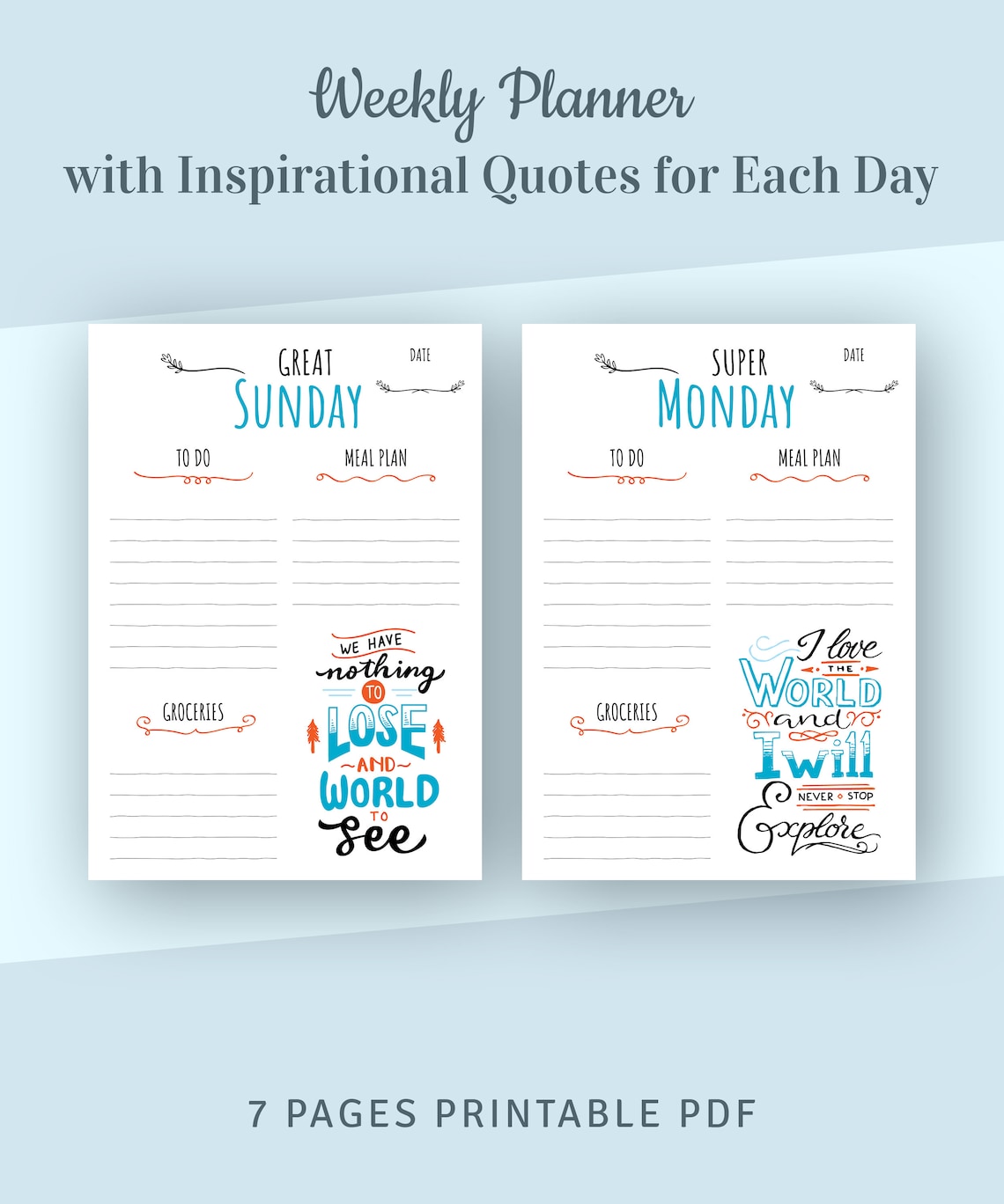 Weekly Planner With Inspirational Quotes for Each Day 7 Days - Etsy