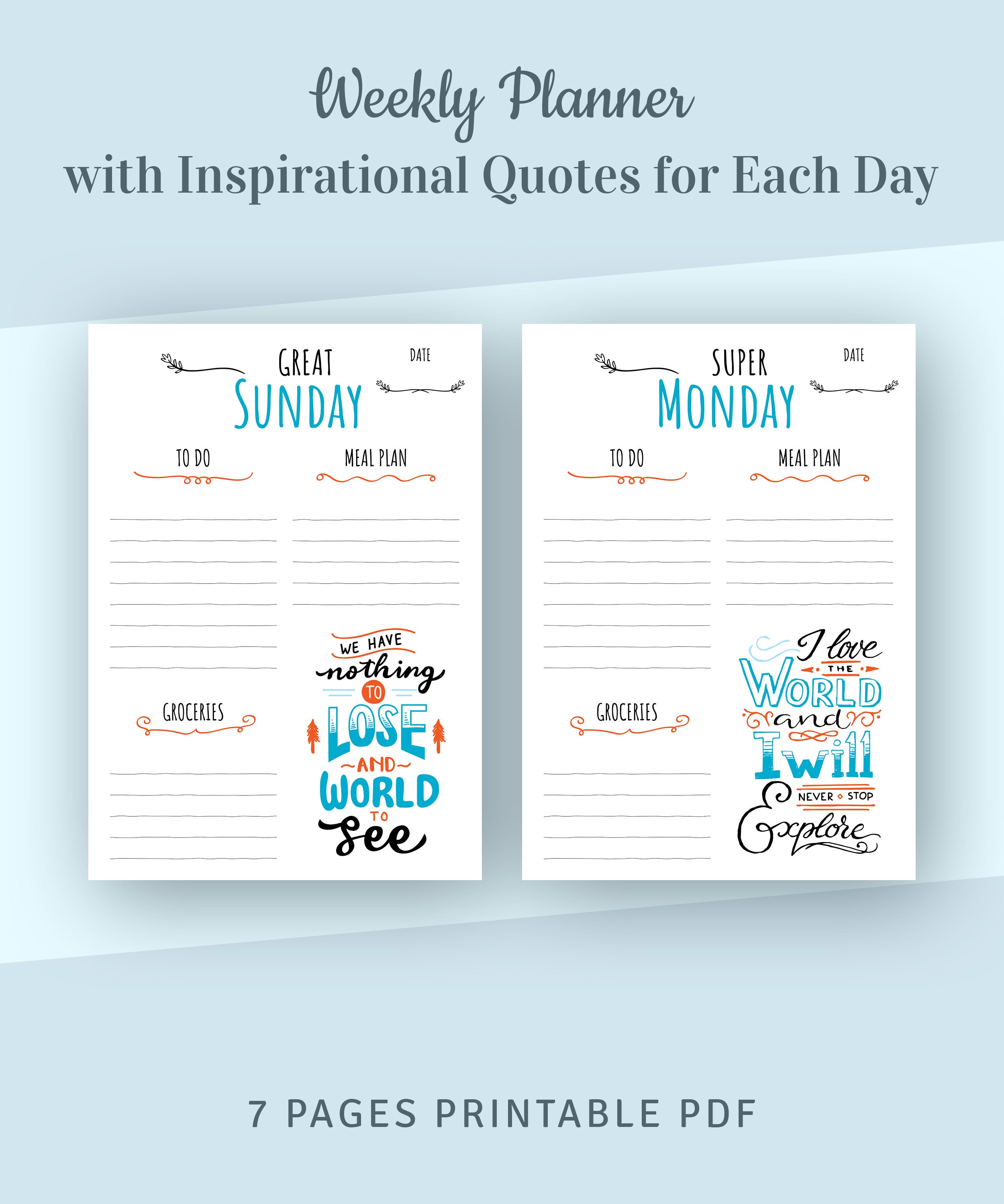 Weekly Planner With Inspirational Quotes for Each Day 7 Days - Etsy