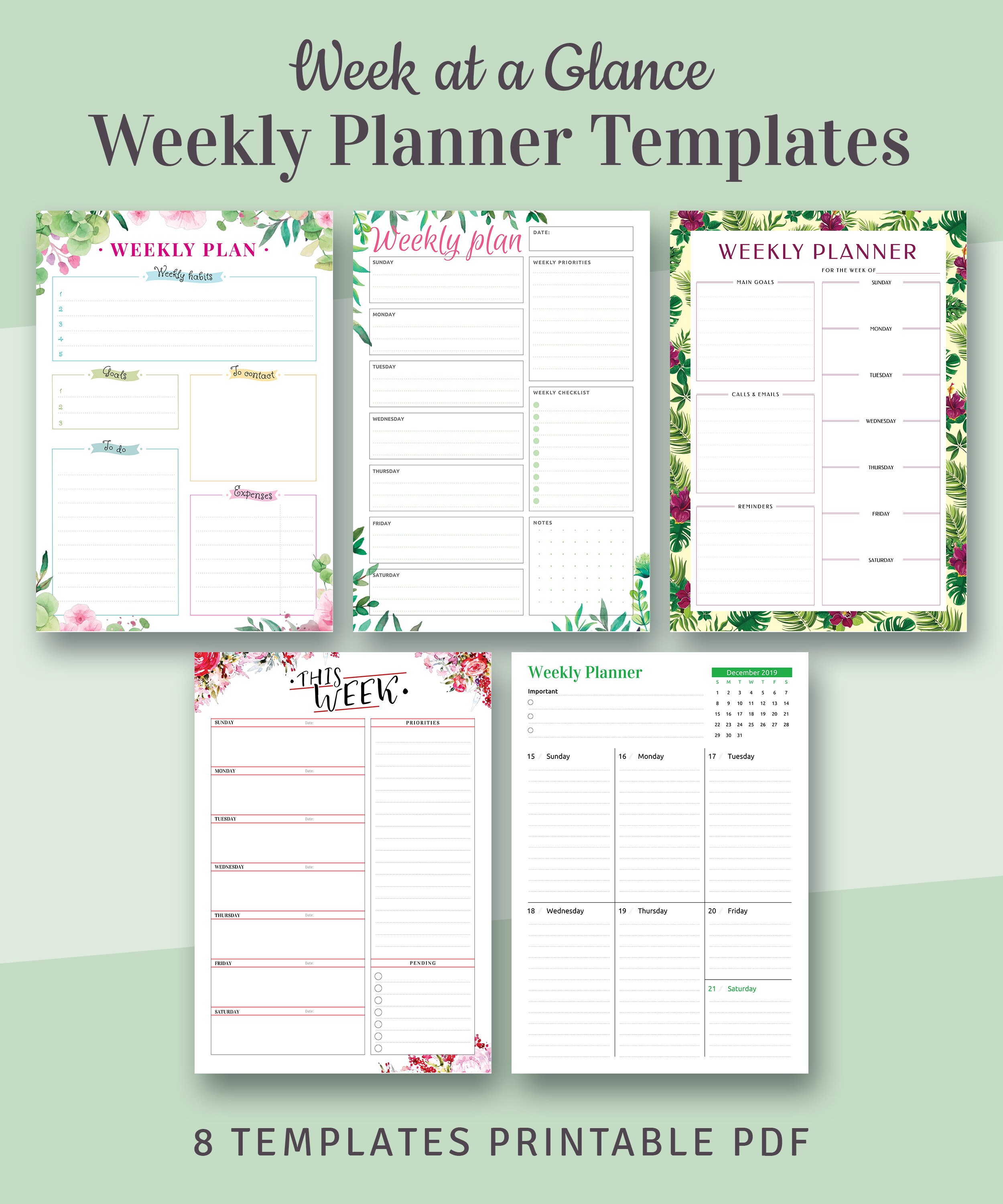 Weekly Planners Kit Printable Week at a Glance Templates 8 in | Etsy