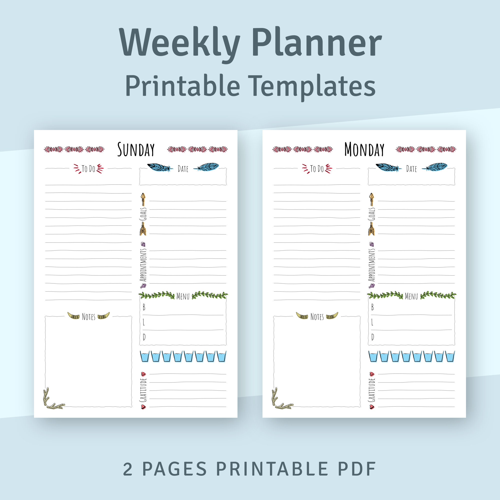 Undated Weekly Planner, Boho Style Weekly Agenda Template, Instant ...