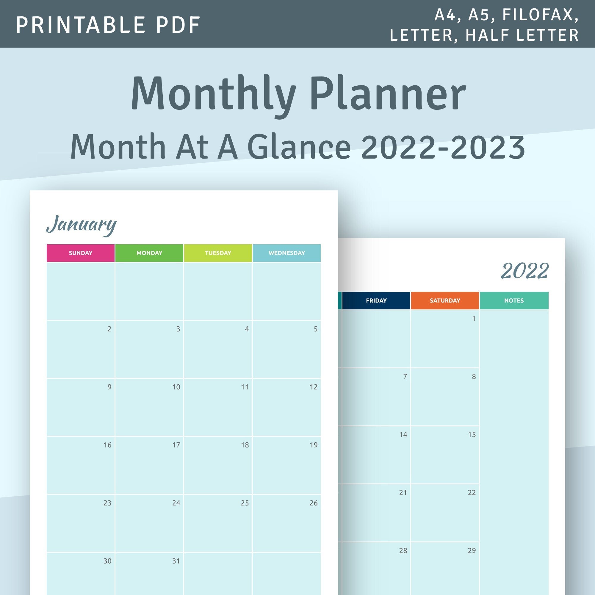 Monthly Planner Printable Month at a Glance 2022 Calendar - Etsy
