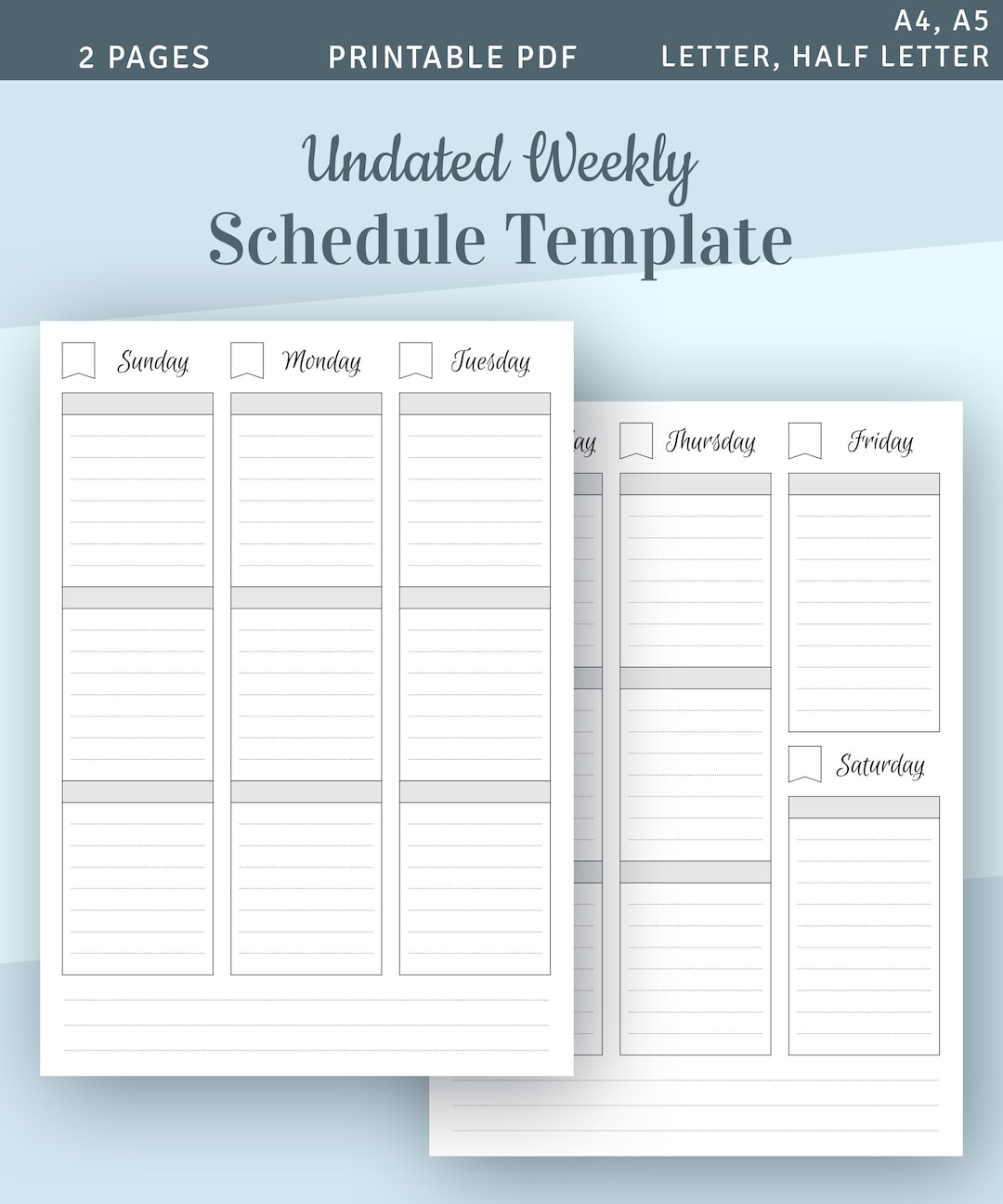 Undated Weekly Schedule Template, Week on 2 Pages Planner, Instant ...