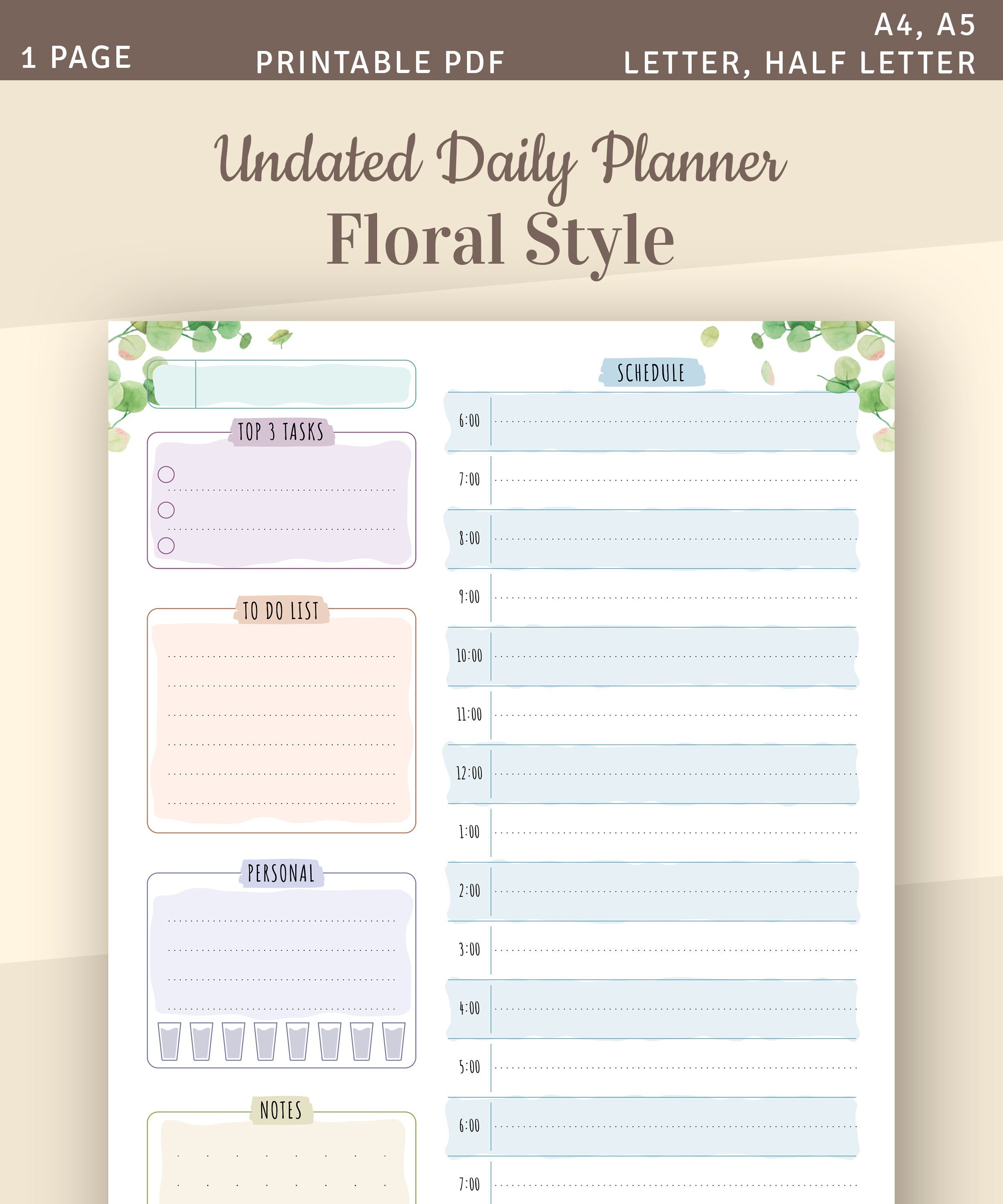 2 for Each Day Floral Daily Planner Bundle Printable Editable includes ...