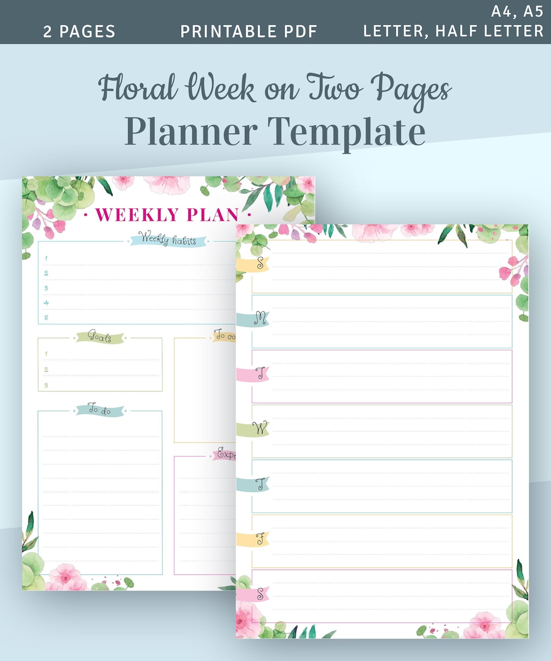Floral Week on Two Pages, Weekly Planner Template, Instant Download ...