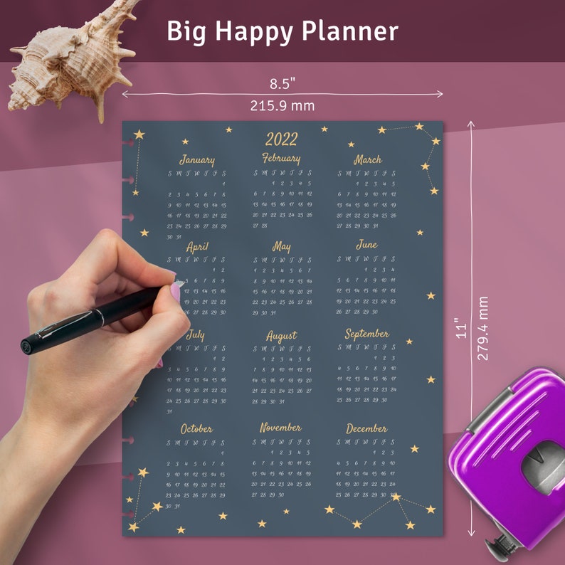 Printable Yearly Calendar for Happy Planner Classic / Big / Mini, Year ...