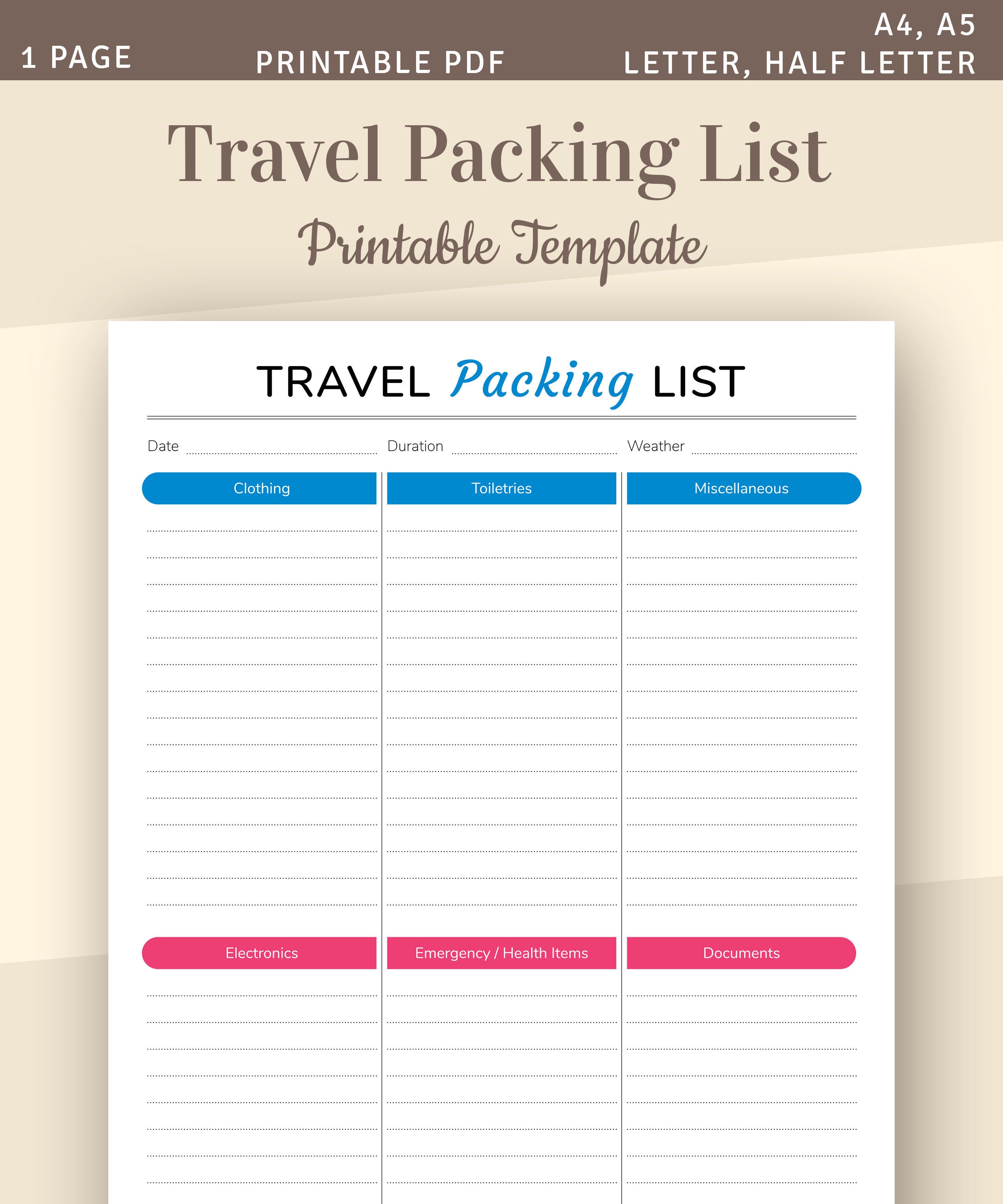 Travel Packing List Template, Printable Checklist (PDF) - Etsy