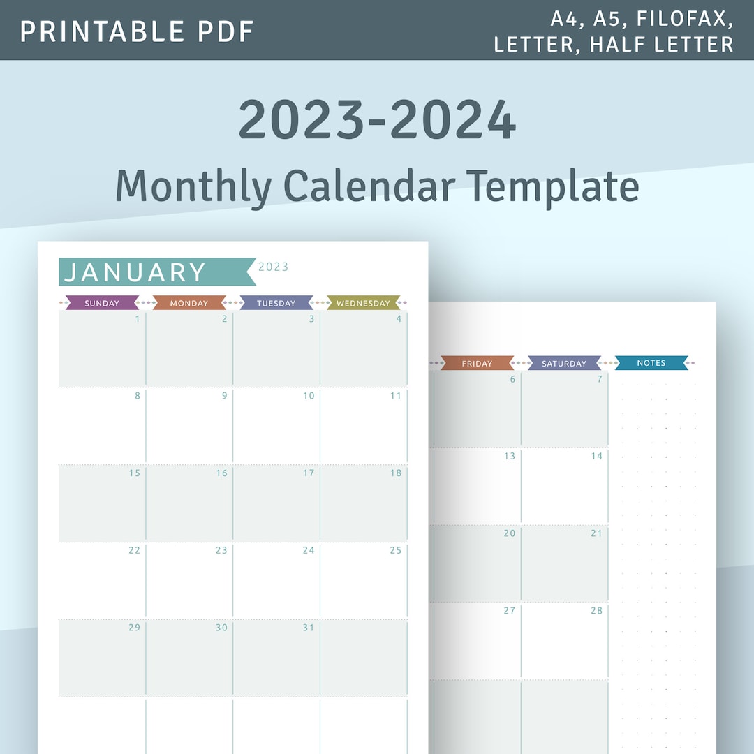 2023-2024 Monthly Calendar Printable, Two Page Planner (PDF) - Etsy