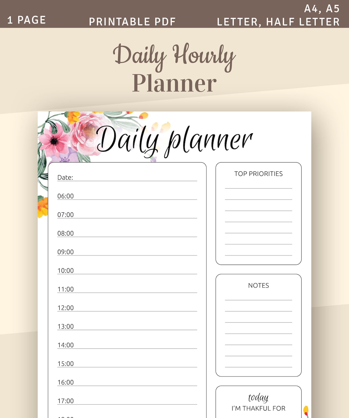 Floral Daily Hourly Planner Template, Printable Agenda (PDF) - Etsy