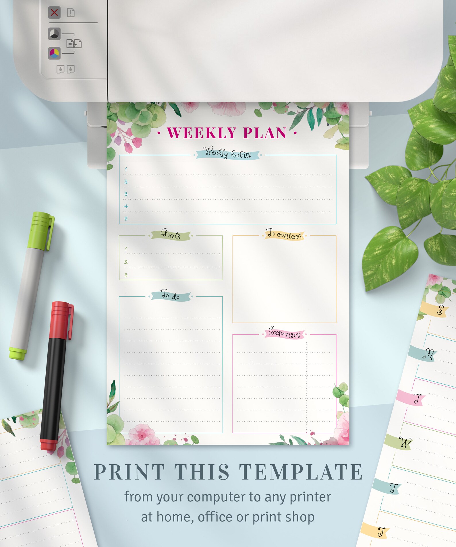 Floral Week on Two Pages, Weekly Planner Template, Instant Download ...