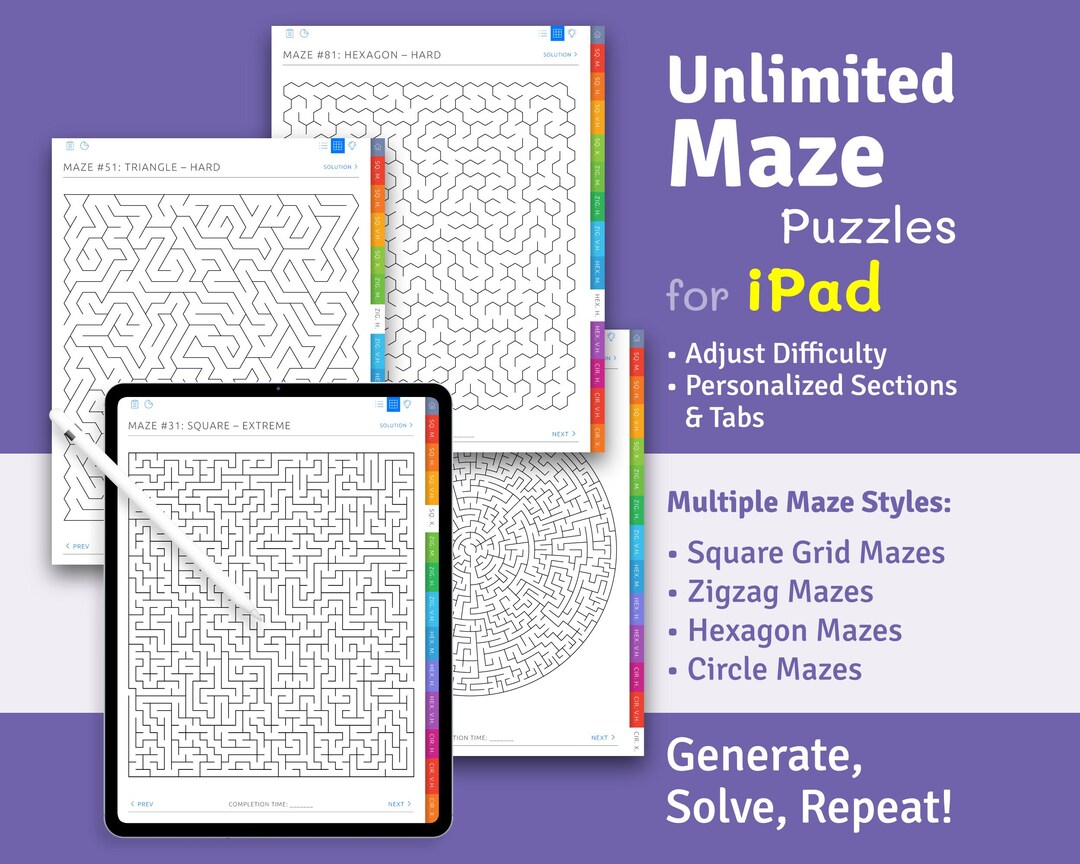 IPad Unlimited Maze Puzzles. Digital Puzzles, Square, Zigzag, Hexagon ...