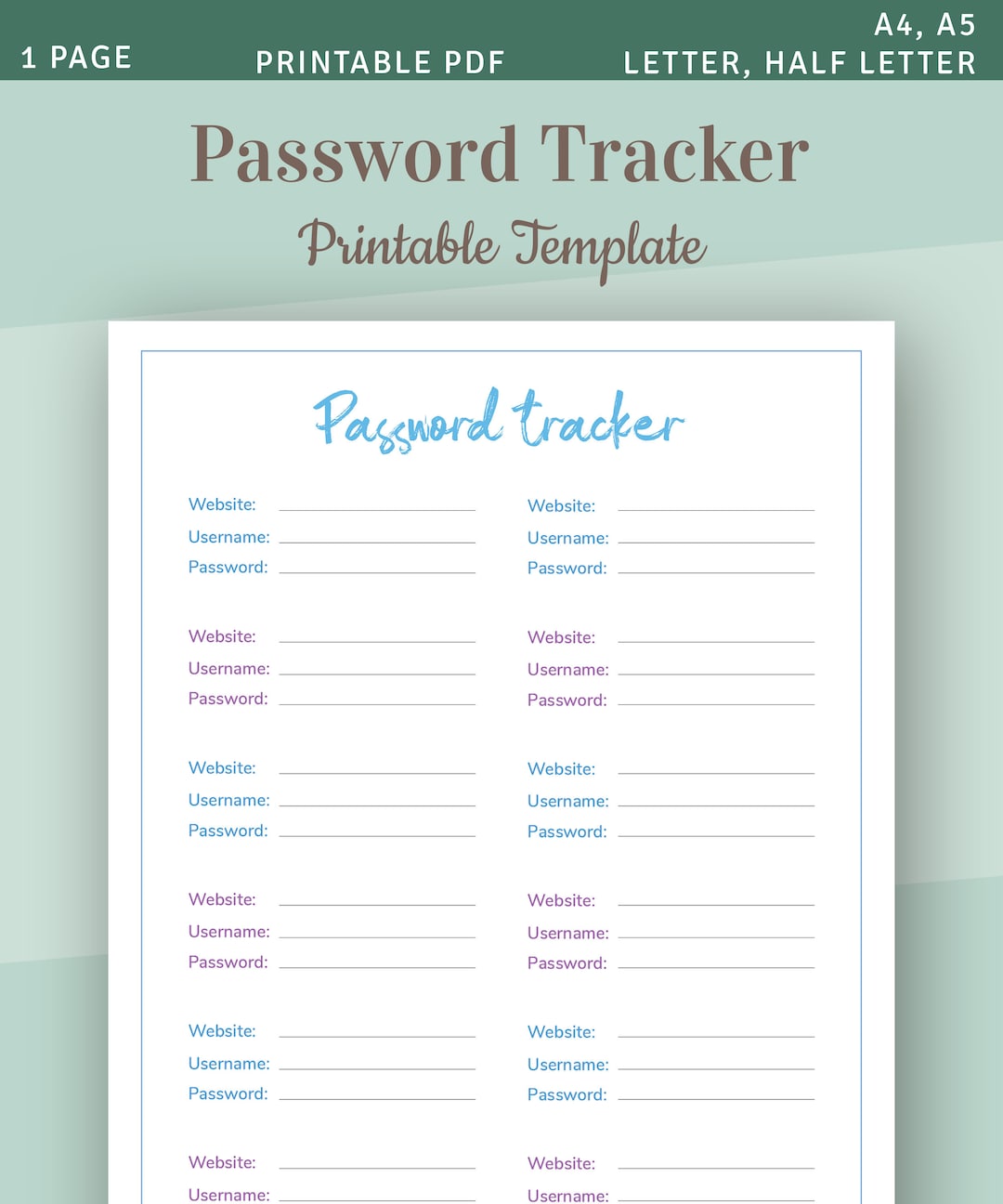 Password Organizer Printable Template, Password Organize Planner Page ...