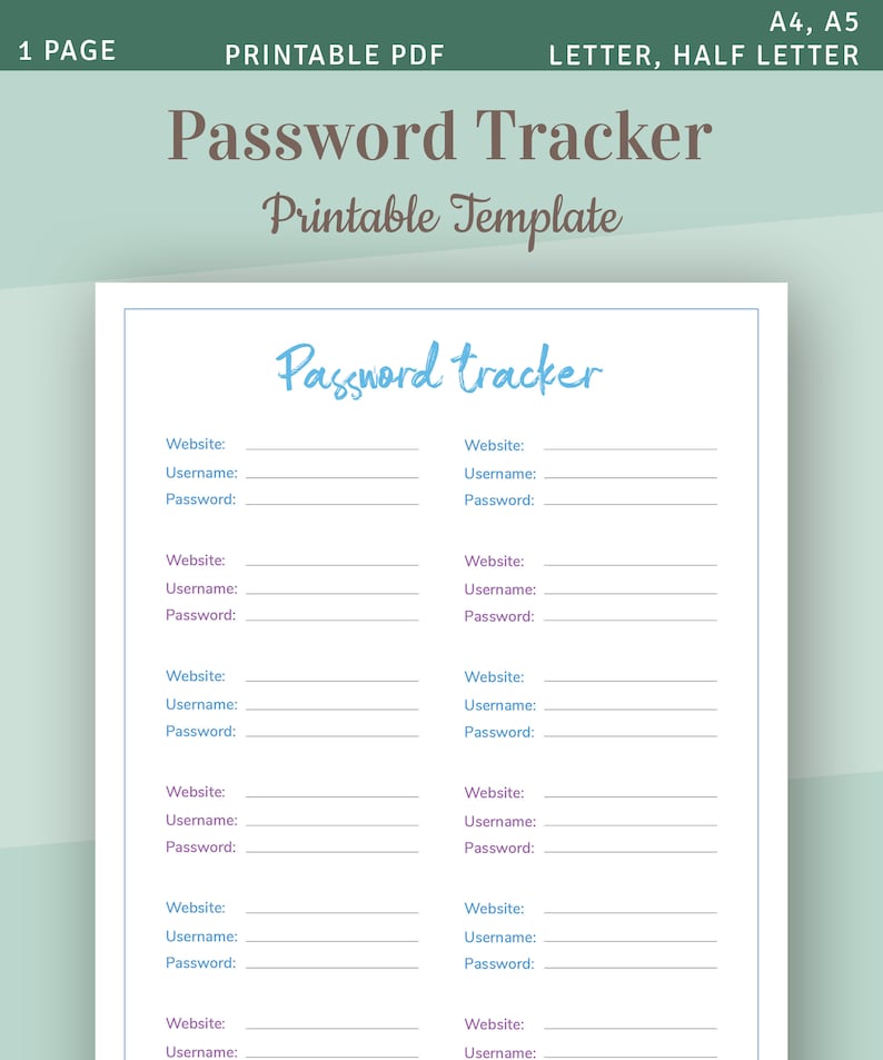Password Organizer Printable Template Password Organize | Etsy