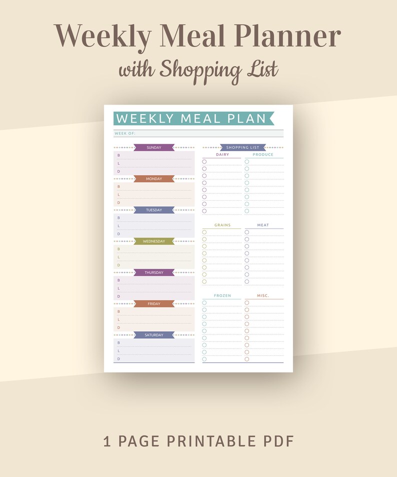Meal Planner Printable Weekly Menu Planner with Grocery List | Etsy