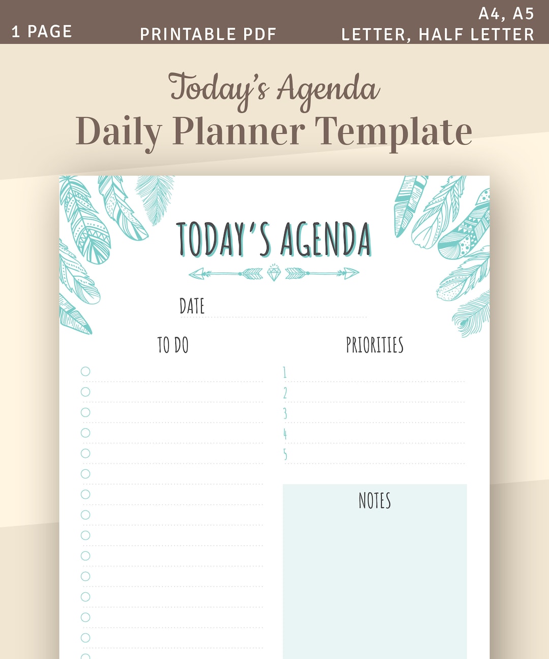 Today's Agenda, Undated Daily Planner Template in Boho Style, Instant ...