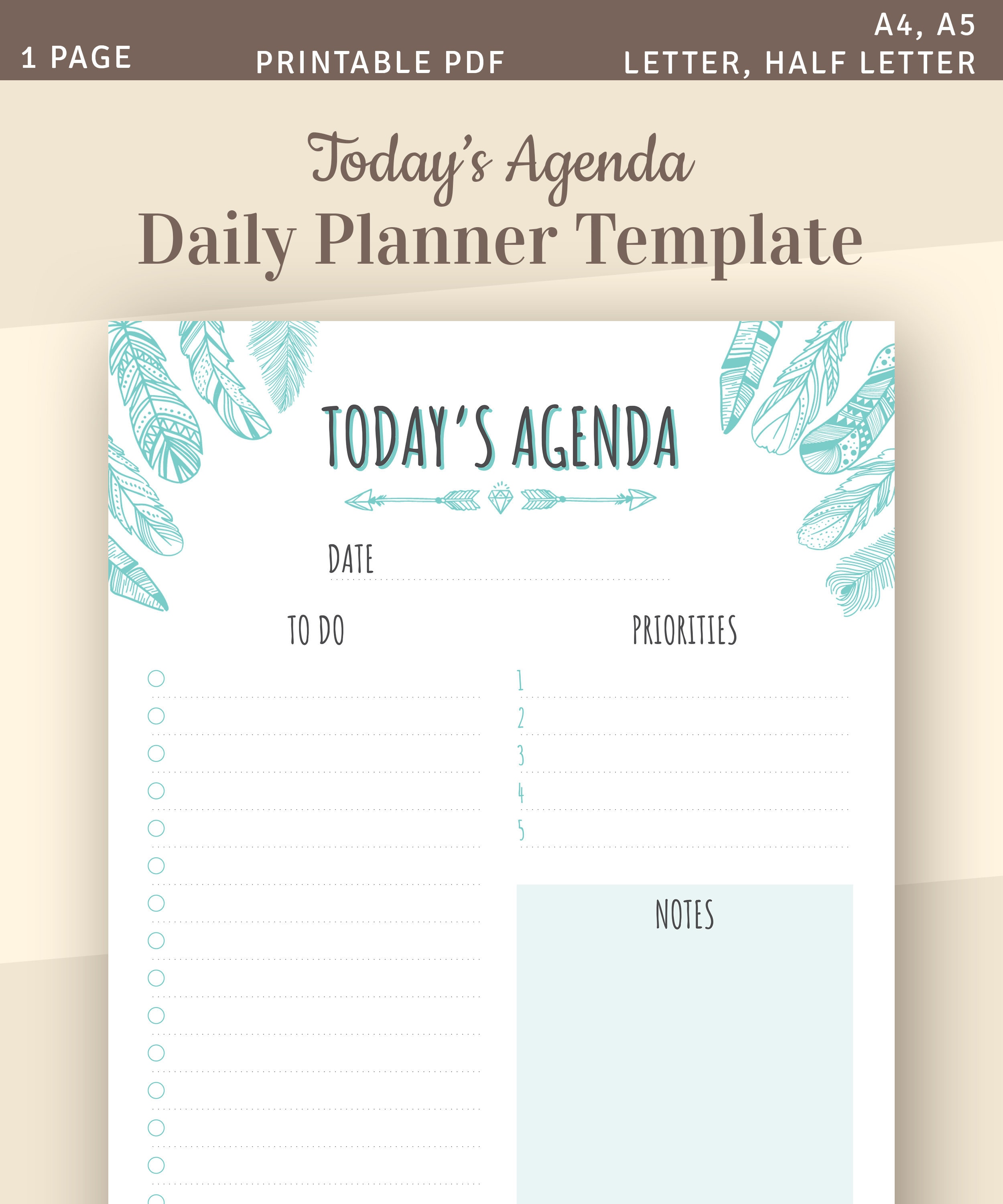 Today's Agenda, Undated Daily Planner Template in Boho Style, Instant ...