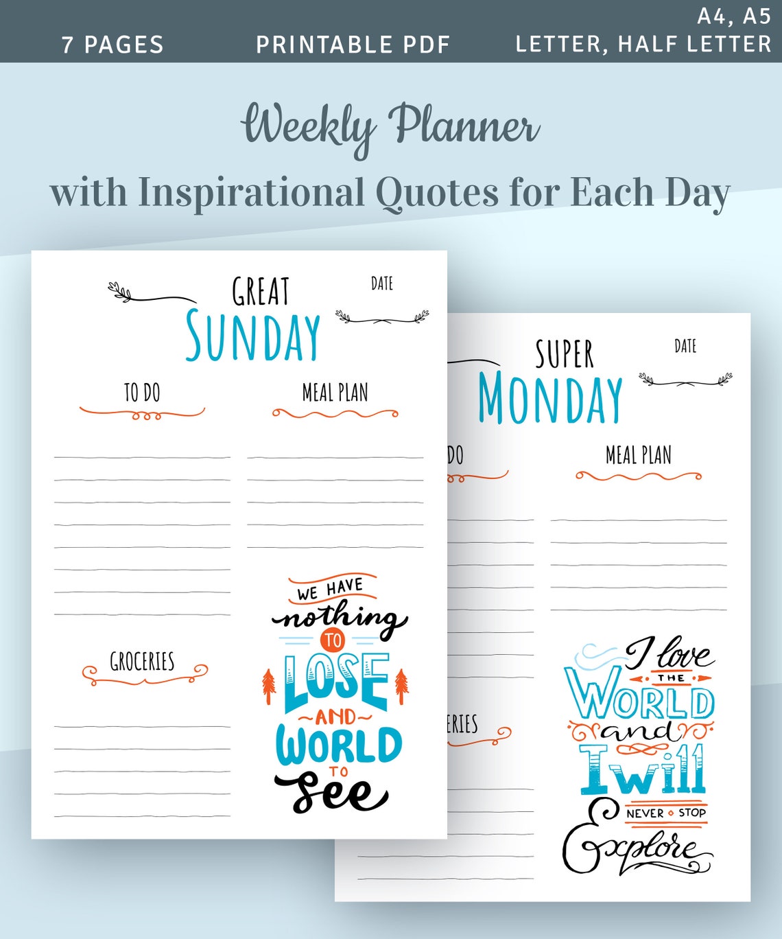 Weekly Planner With Inspirational Quotes for Each Day 7 Days - Etsy