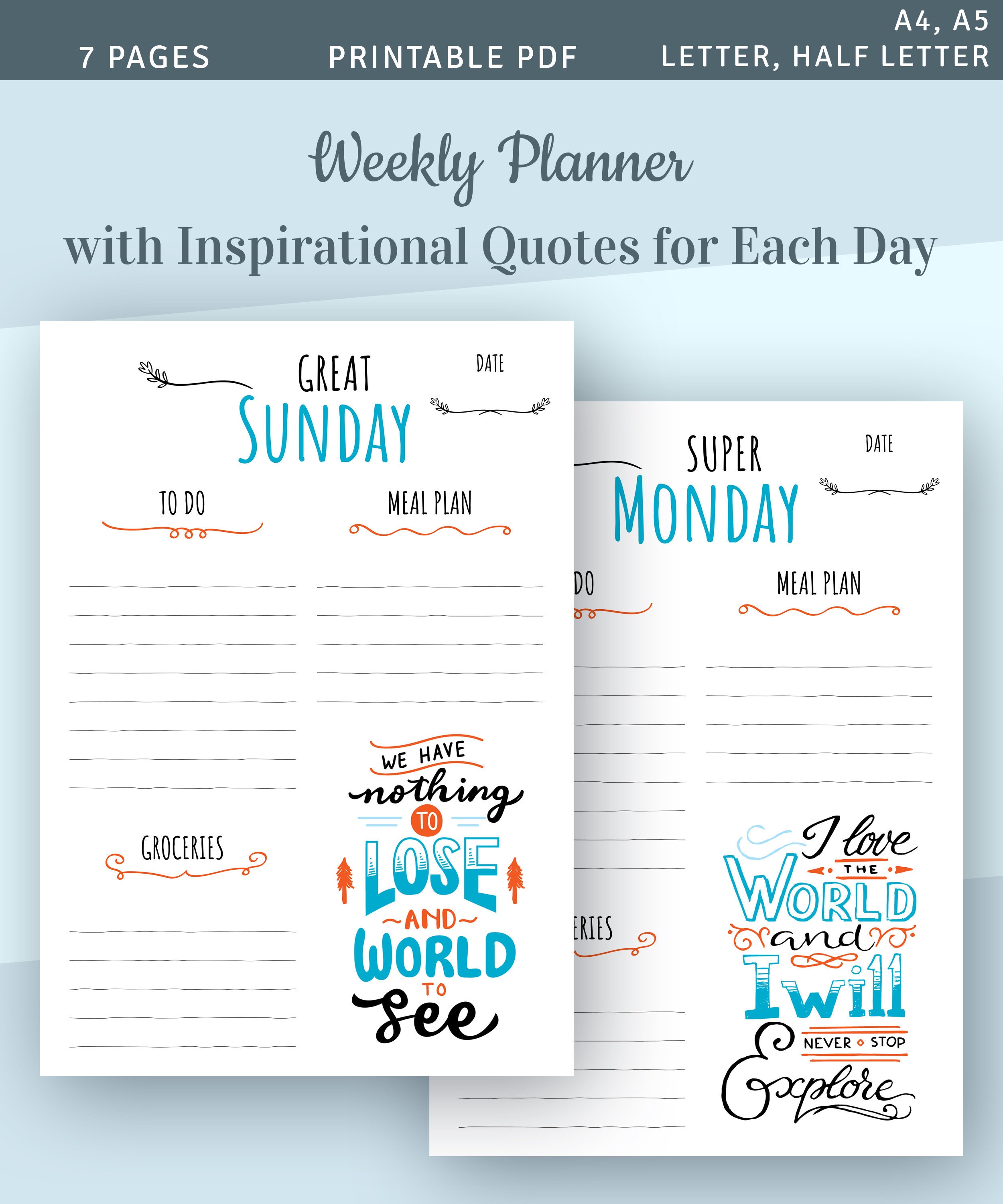 Weekly Planner With Inspirational Quotes for Each Day 7 Days - Etsy