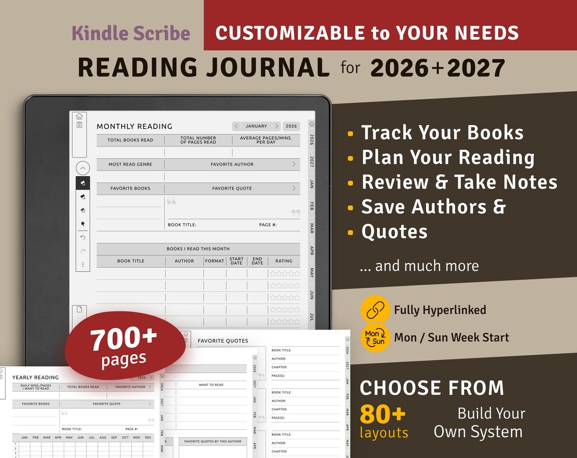 2026-2027 Kindle Scribe Reading Journal: Hyperlinked Digital Planner ...
