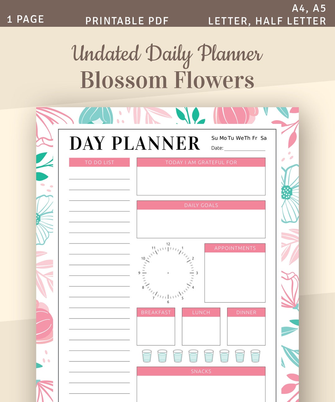 Undated Daily Planner Blossom Flowers, Daily Agenda Template With to Do ...