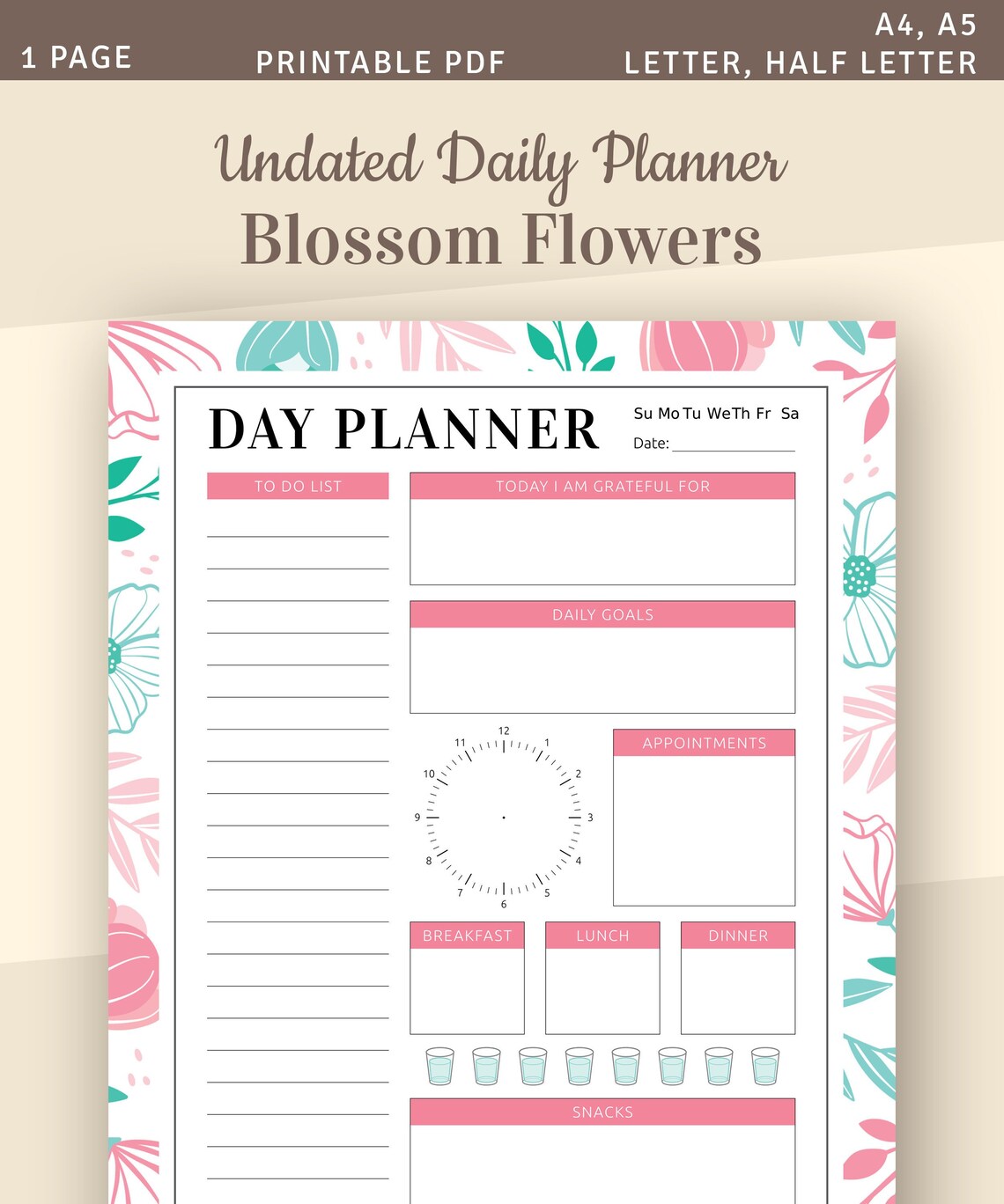 Undated Daily Planner Blossom Flowers Daily Agenda Template | Etsy