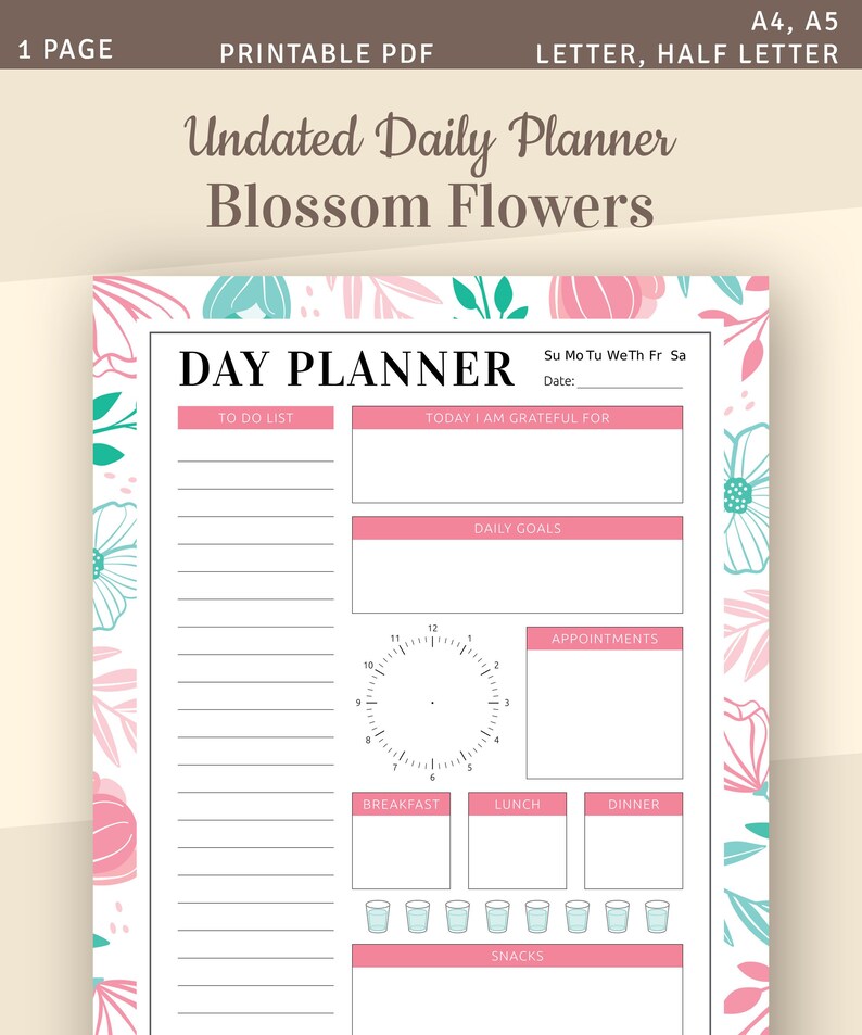 Undated Daily Planner Blossom Flowers Daily Agenda Template - Etsy
