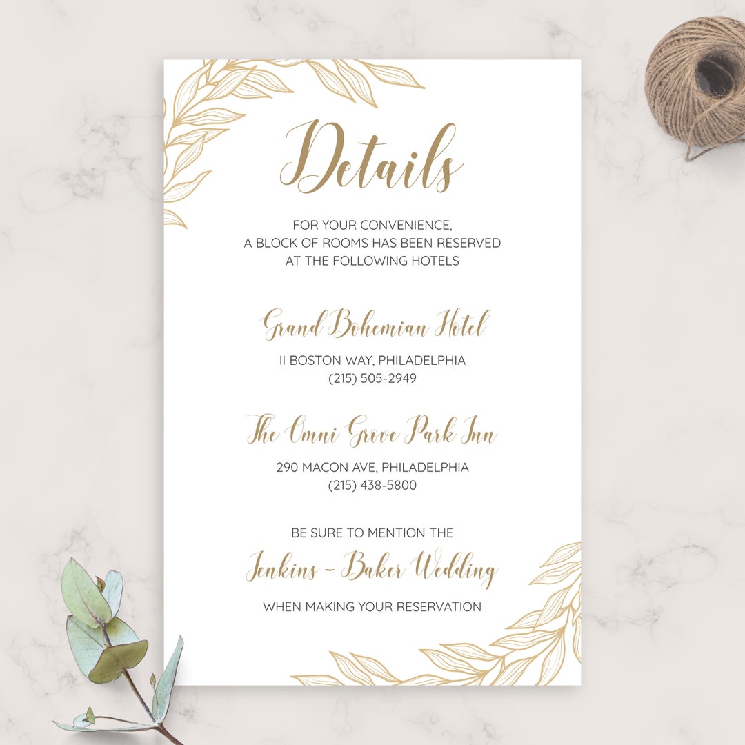 Golden Wedding Details Card, Wedding Accommodations Card Template ...