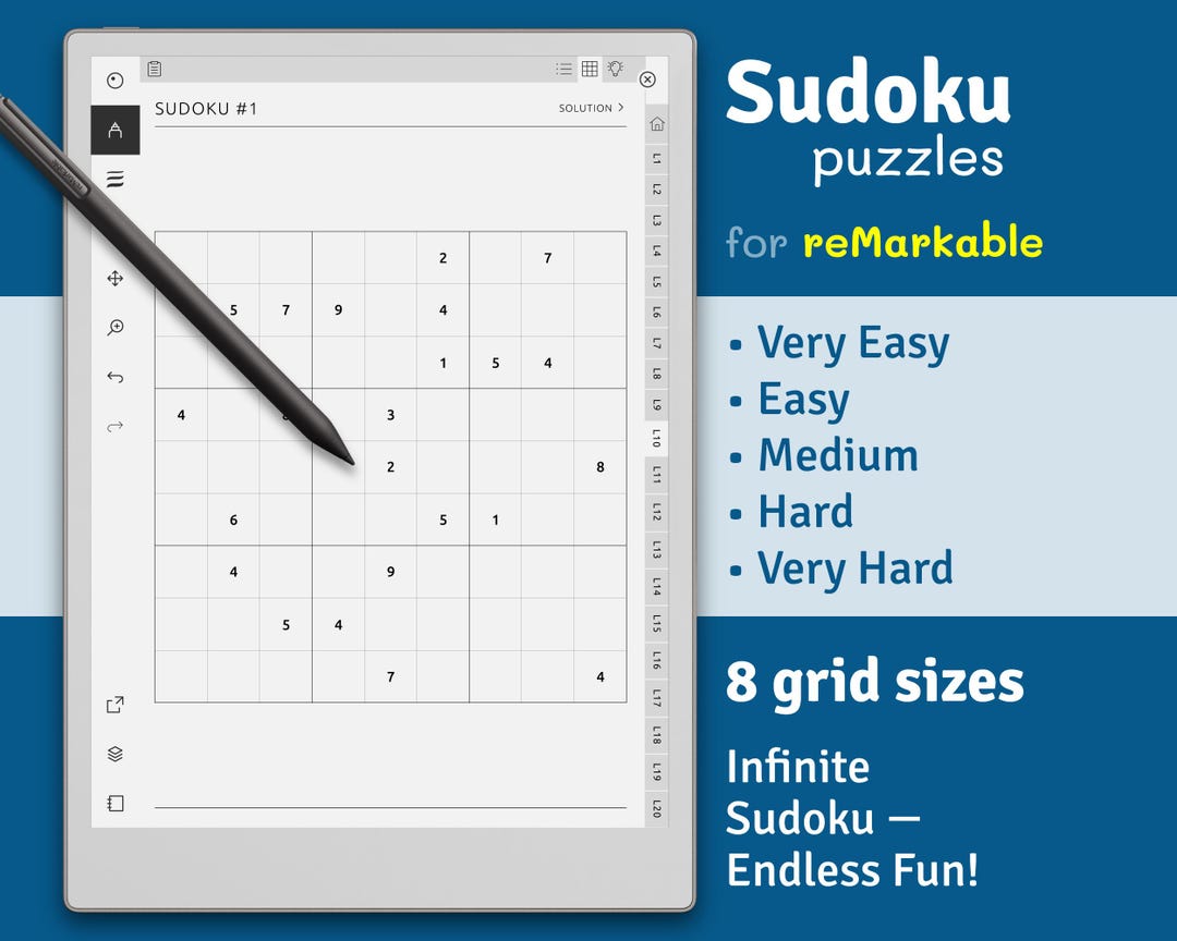 Sudoku Book for Remarkable 2, Paper Pro. Digital Puzzles, 8 Grids ...