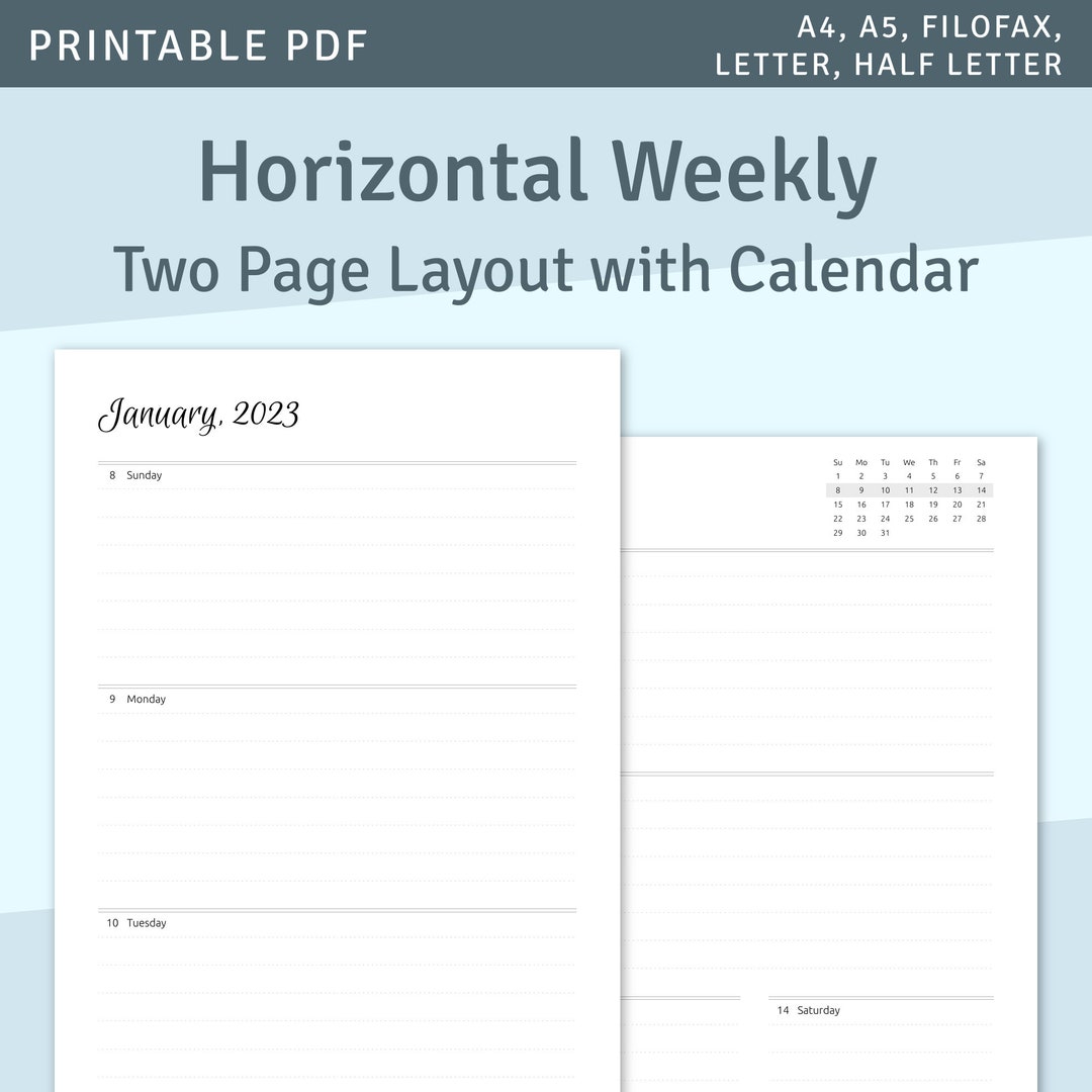 Horizontal Weekly Planner Printable, 2024 - 2025 Diary, Two Pages ...
