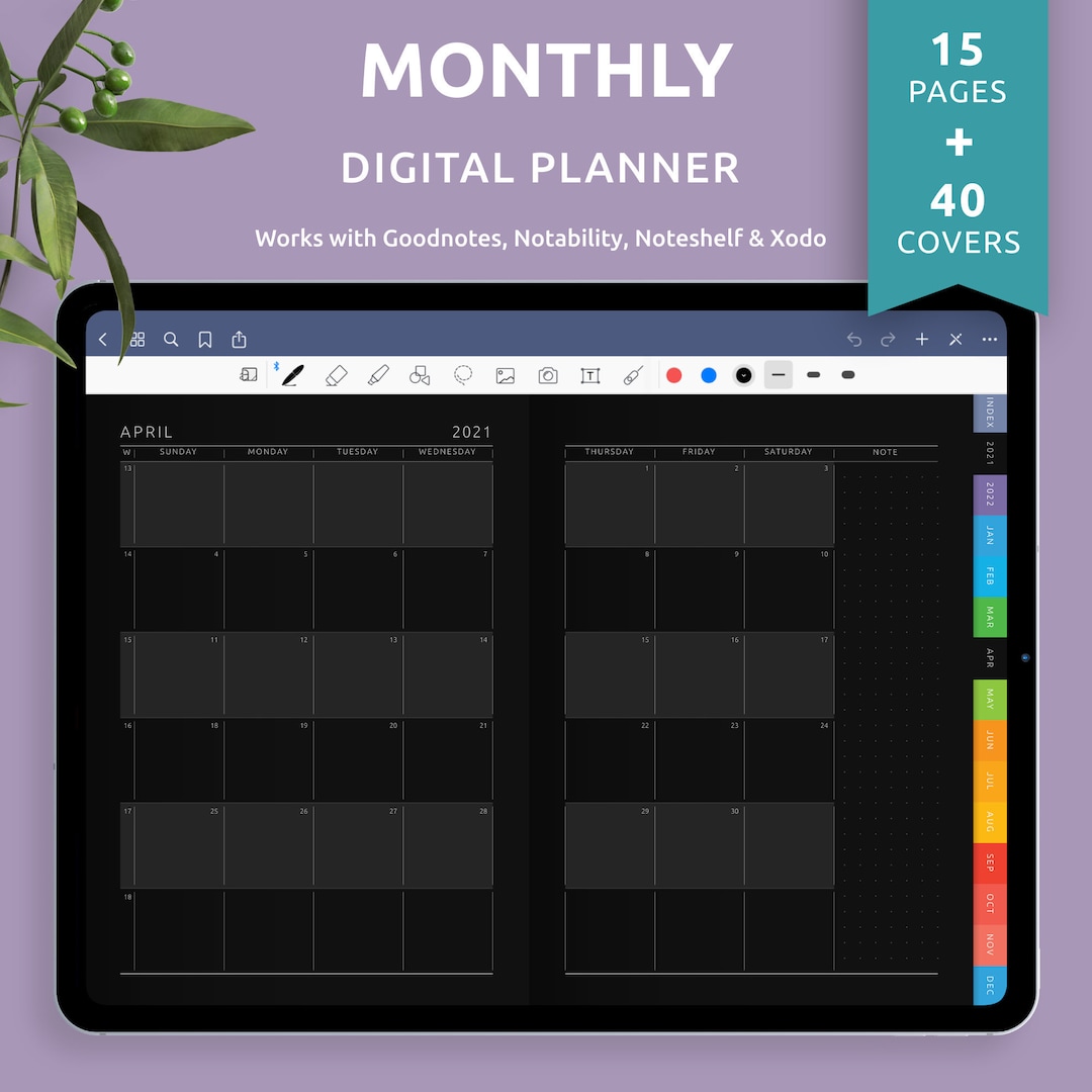 12-months Digital Calendar Template for Goodnotes, Notability, Monthly ...