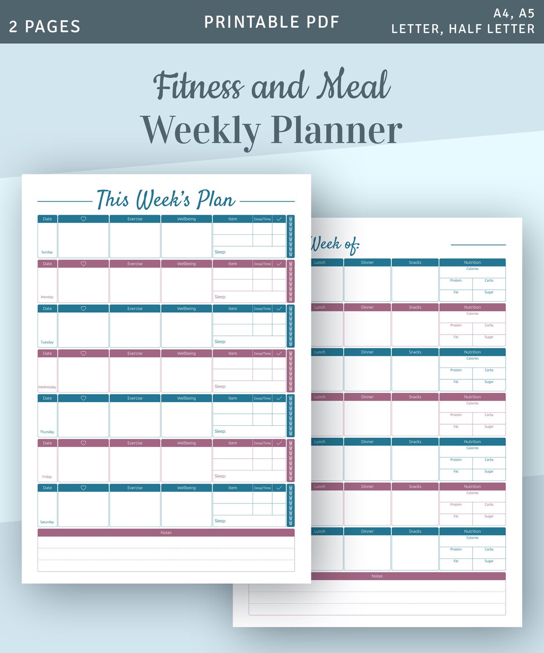 Weekly Fitness & Meal Planner, Weekly Workout Planner Template, Fitness ...