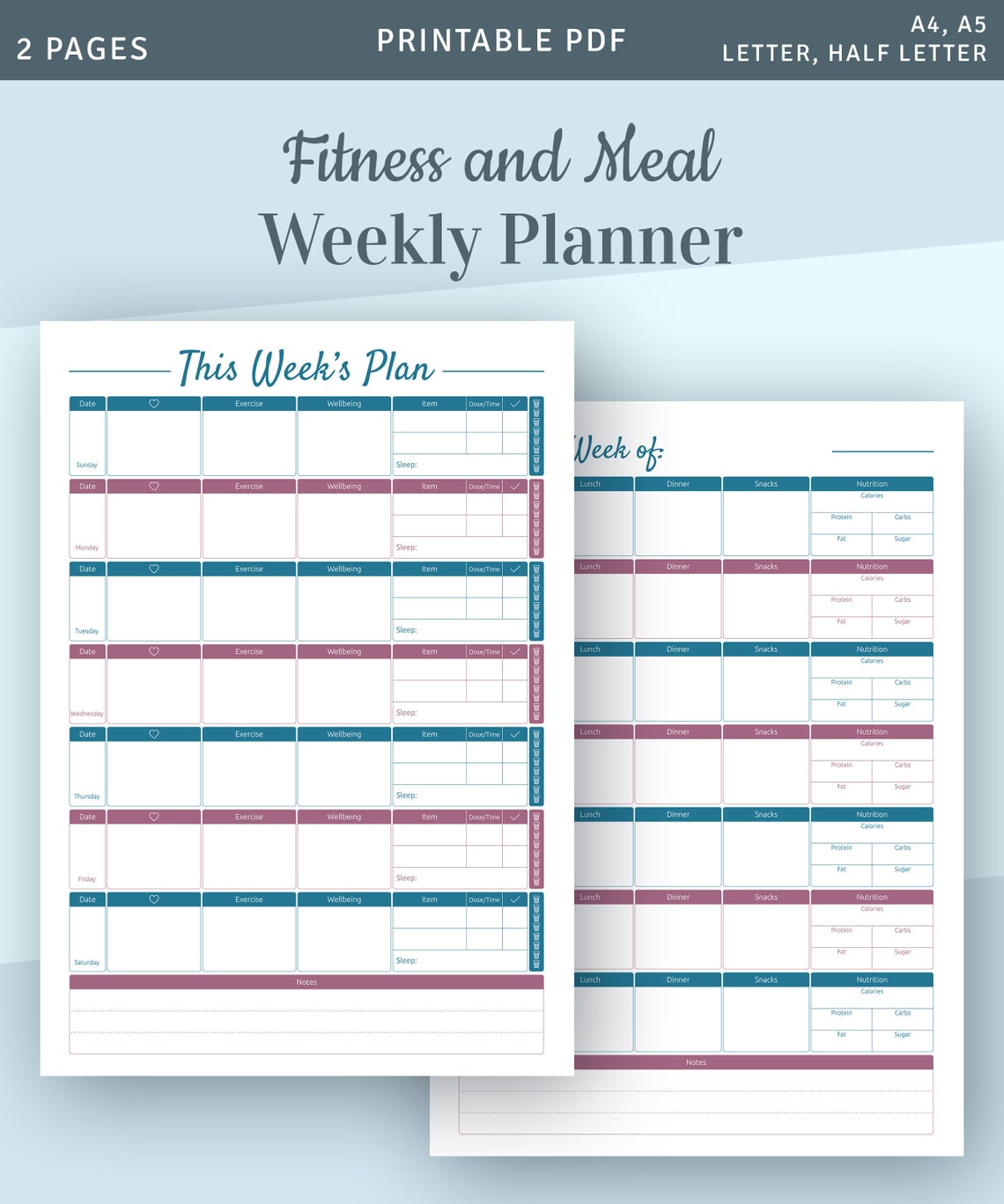 Weekly Fitness & Meal Planner Weekly Workout Planner | Etsy
