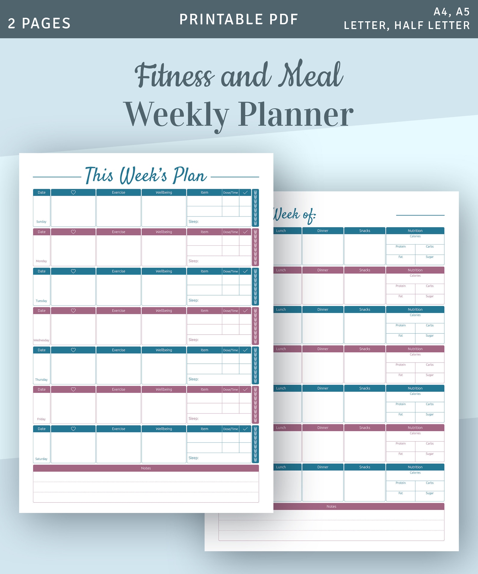 Weekly Fitness & Meal Planner Weekly Workout Planner | Etsy