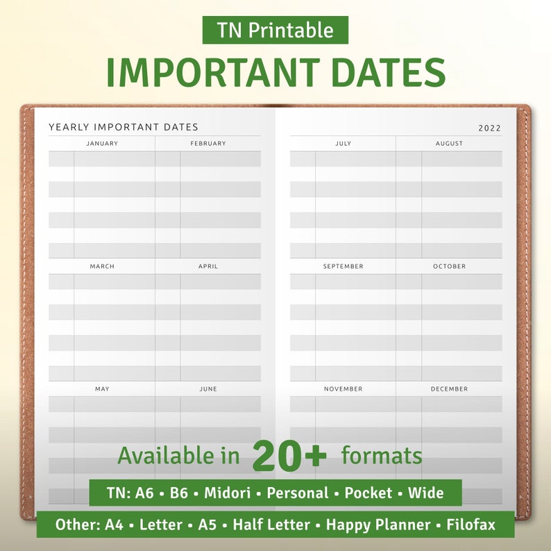 TN Printable Yearly Important Dates Template Travelers | Etsy