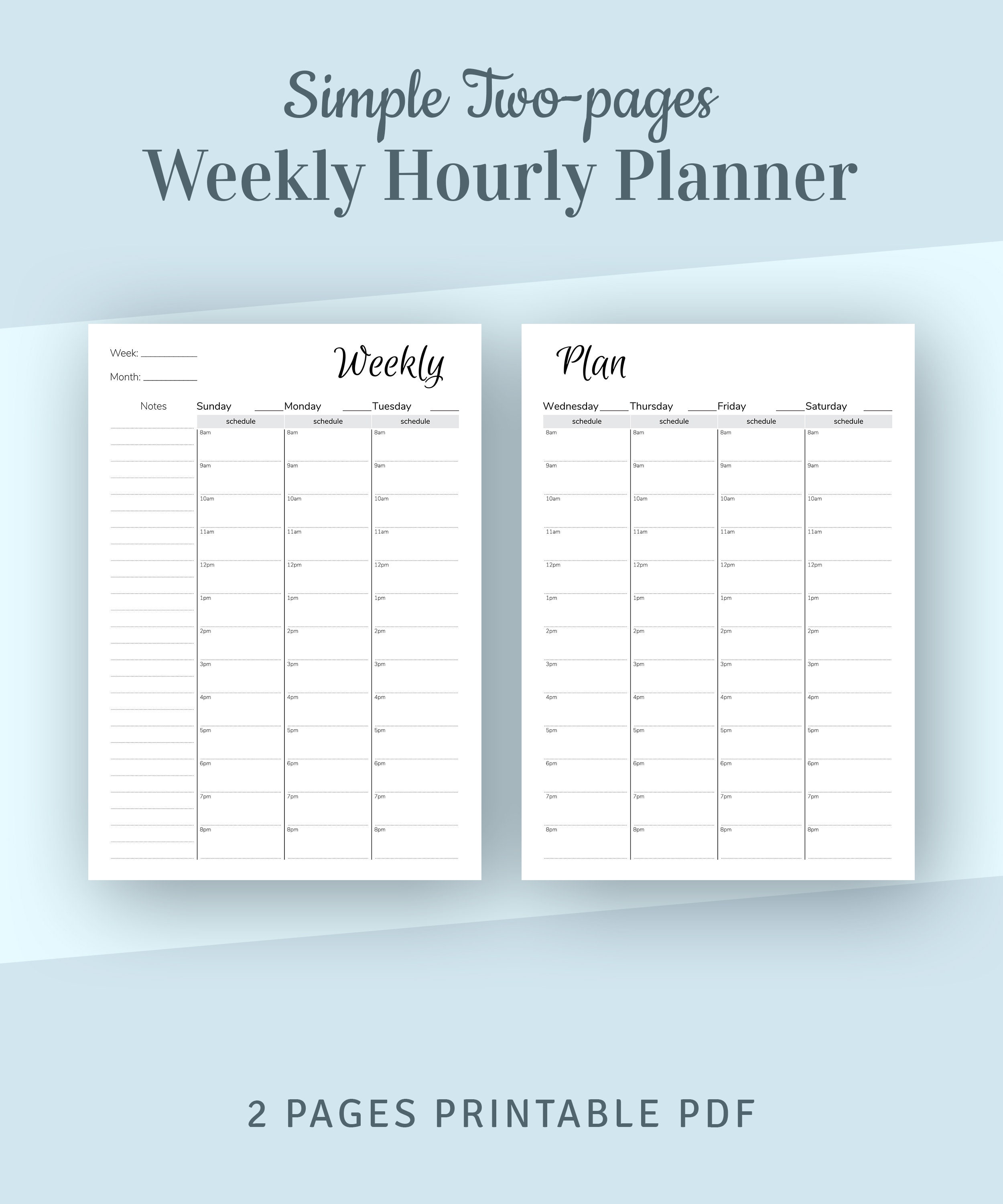 Weekly Hourly Planner Template Two-pages Weekly Schedule - Etsy