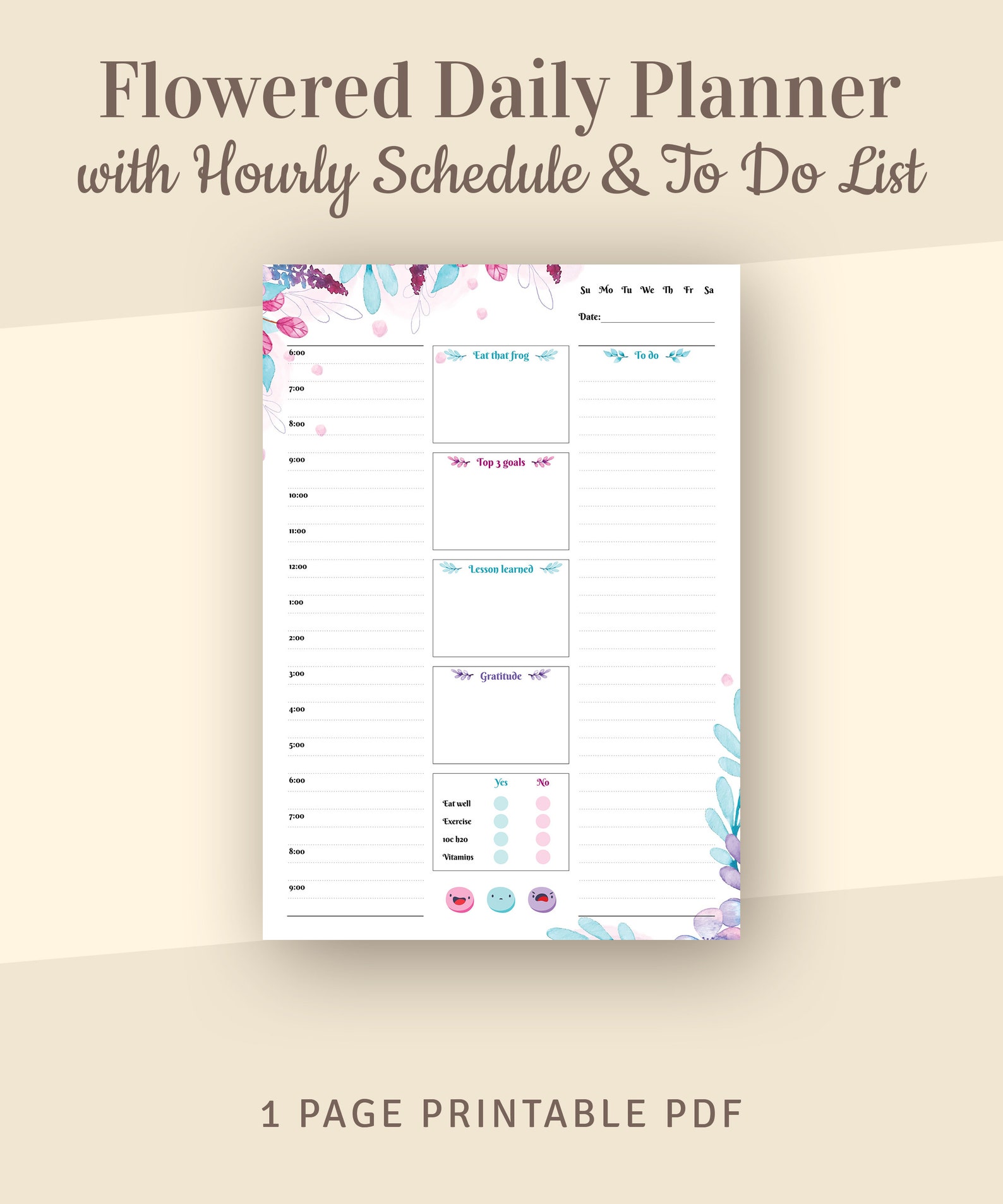 Flowered Daily Planner With Hourly Schedule & to Do List - Etsy