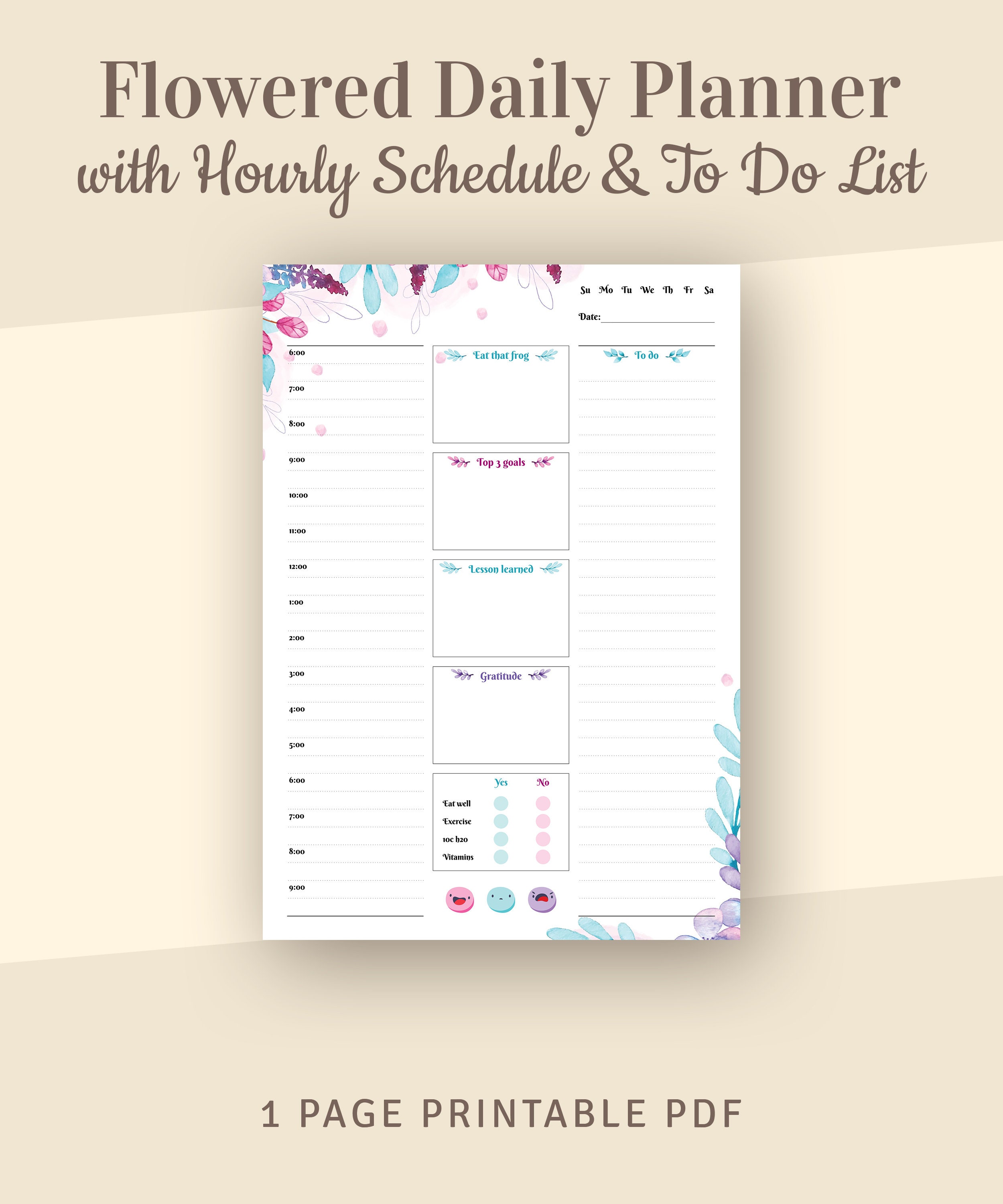 Flowered Daily Planner with Hourly Schedule & To Do List | Etsy