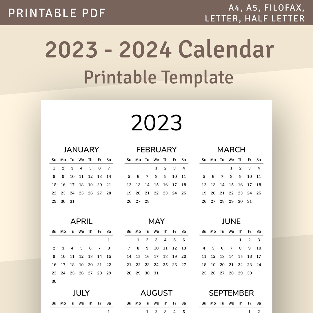 One Page Calendar, 2024 Yearly Calendar Printable Template, Year at a ...