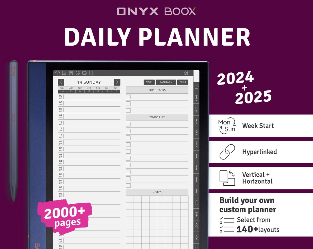 2024 Onyx Boox Daily Planner, Customizable Hyperlinked Digital Planner Bundle, Digital Download ...