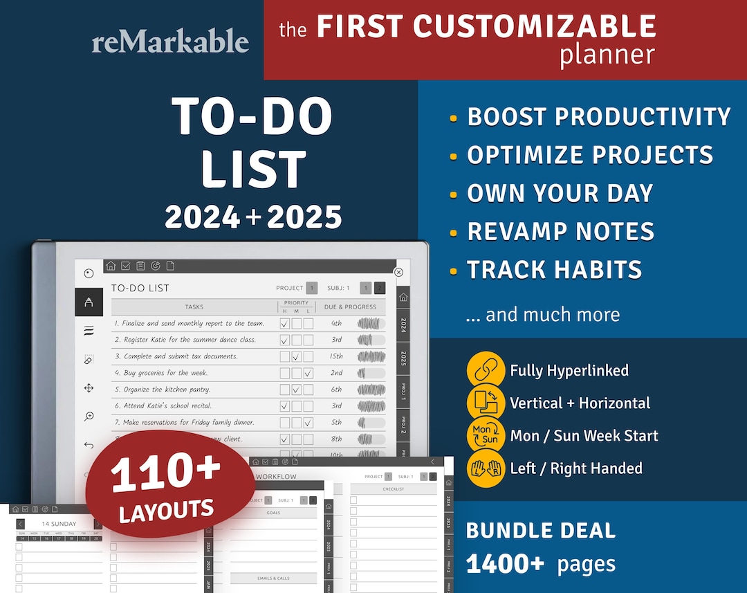 Remarkable To-do List Template, Hyperlinked Digital Planner, Yearly ...